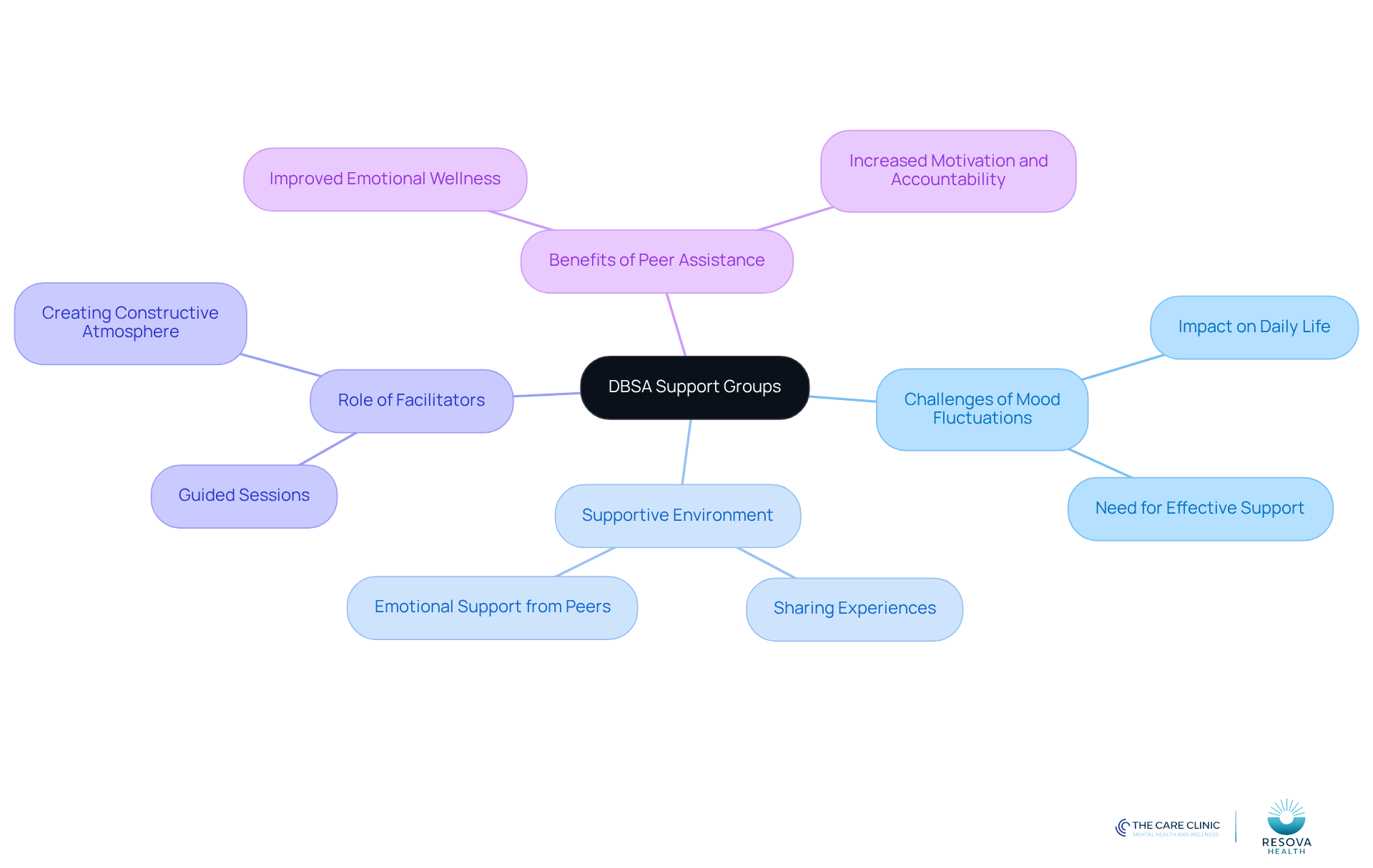 The center represents DBSA's support groups, with branches showing the challenges they address, the supportive environment they create, the role of trained facilitators, and the benefits participants gain from peer assistance.