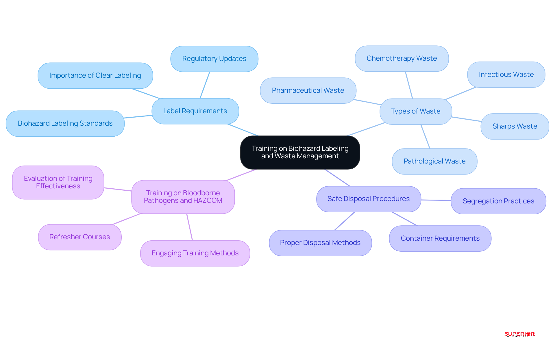 This mindmap starts with the main topic of training and branches out into key areas of focus. Each branch represents an important aspect of the training program, helping you see how they connect and contribute to overall safety in medical facilities.