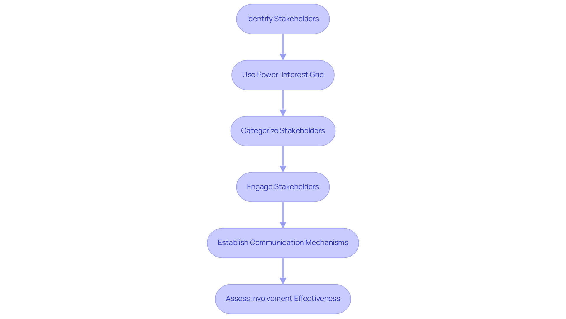 Each box represents a step in the stakeholder engagement process, with arrows indicating the sequence of actions from identification to assessment.