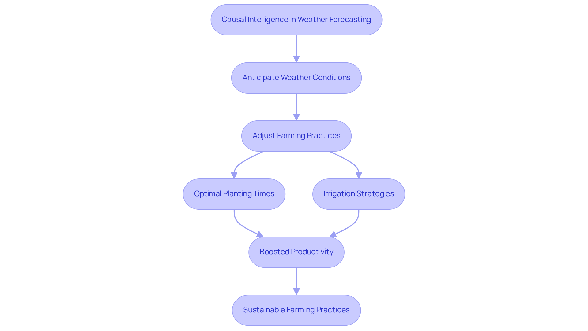 This flowchart shows how causal intelligence helps farmers adapt to weather changes. Each step illustrates how understanding forecasts leads to better farming decisions, ultimately improving productivity and sustainability.