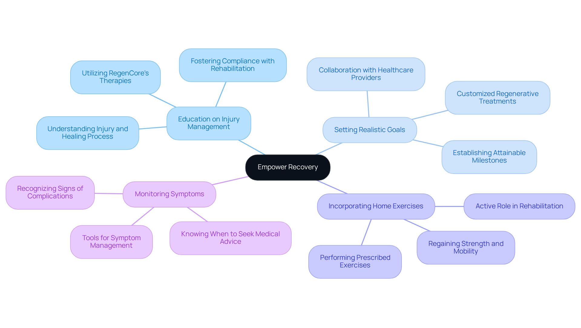 The central node represents the overall goal of empowering recovery, while each branch highlights a key strategy. Follow the branches to see how each strategy supports patient empowerment and recovery.