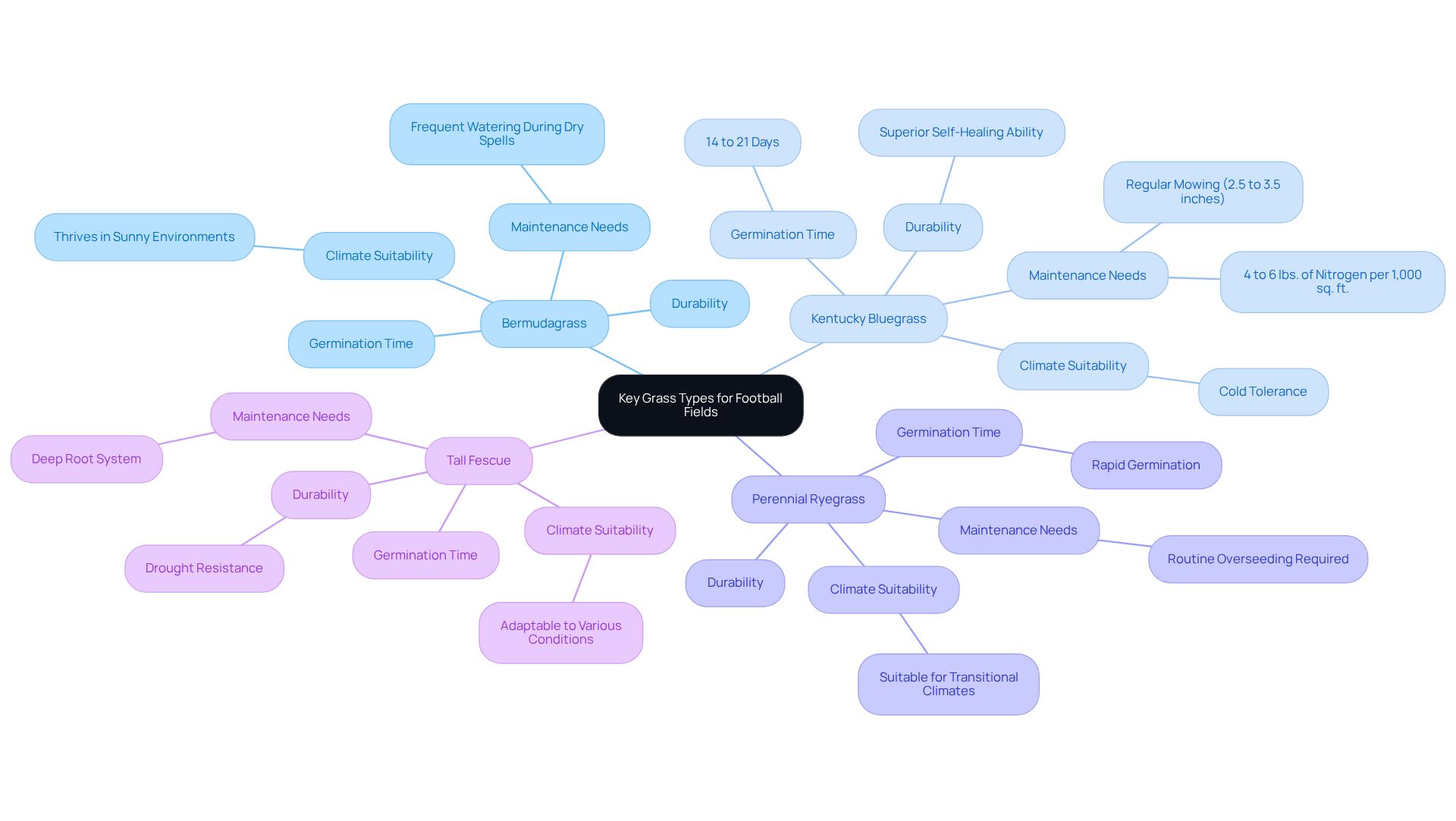Start at the center with the main topic, then explore each grass type by following the branches. Each branch provides specific details about that grass type, helping you understand its suitability for football fields. Start at the center with the main topic, then explore each grass type by following the branches. Each branch provides specific details about that grass type, helping you understand its suitability for football fields.