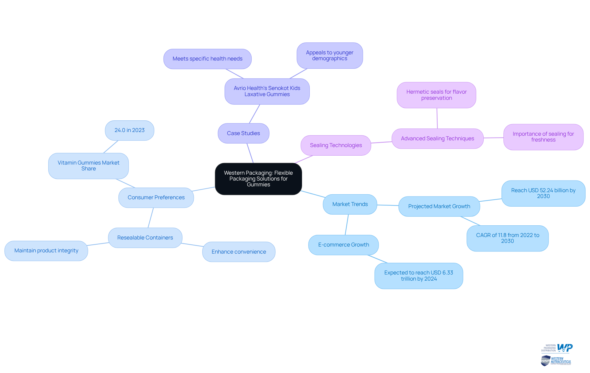 The central node represents Western Packaging's core focus. Each branch illustrates a key aspect of their strategy, while sub-nodes provide specific details, making it easy to see how everything connects.