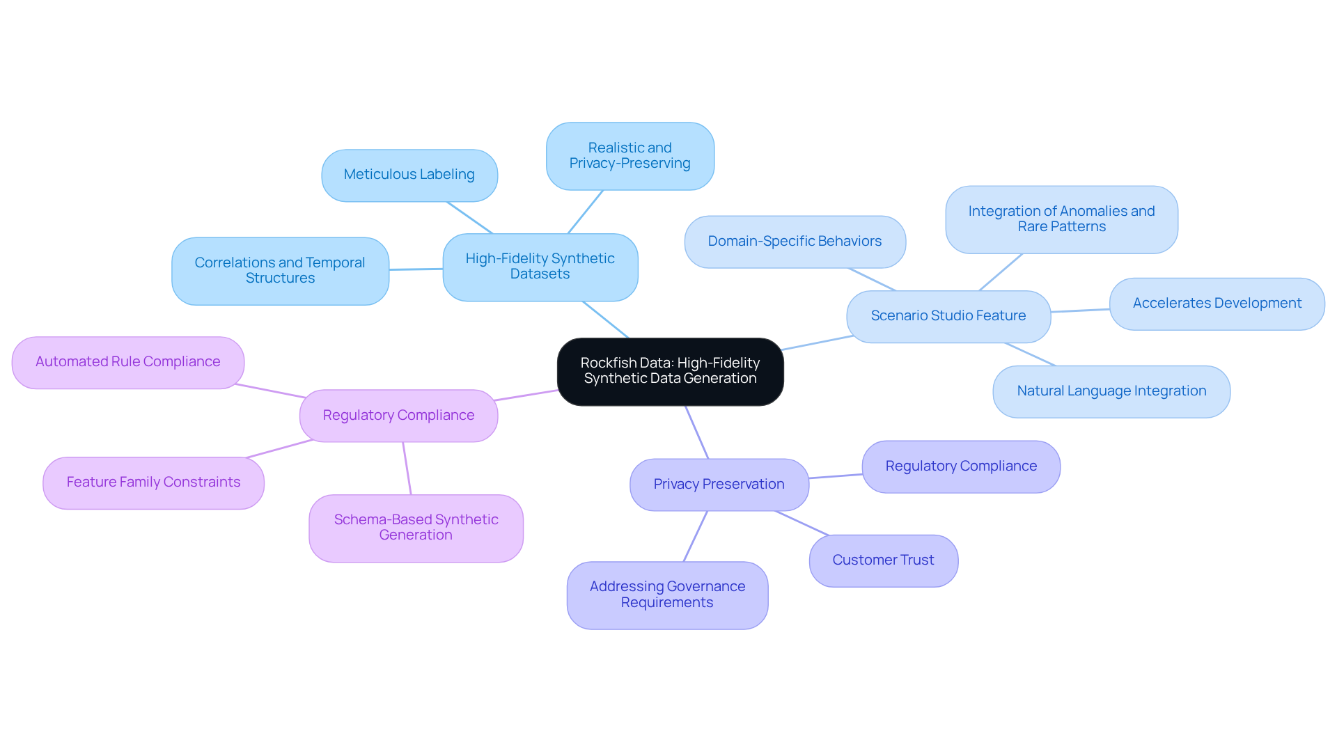 Start at the center with Rockfish Data's main focus, then explore each branch to see how its features contribute to AI model development and the importance of privacy.