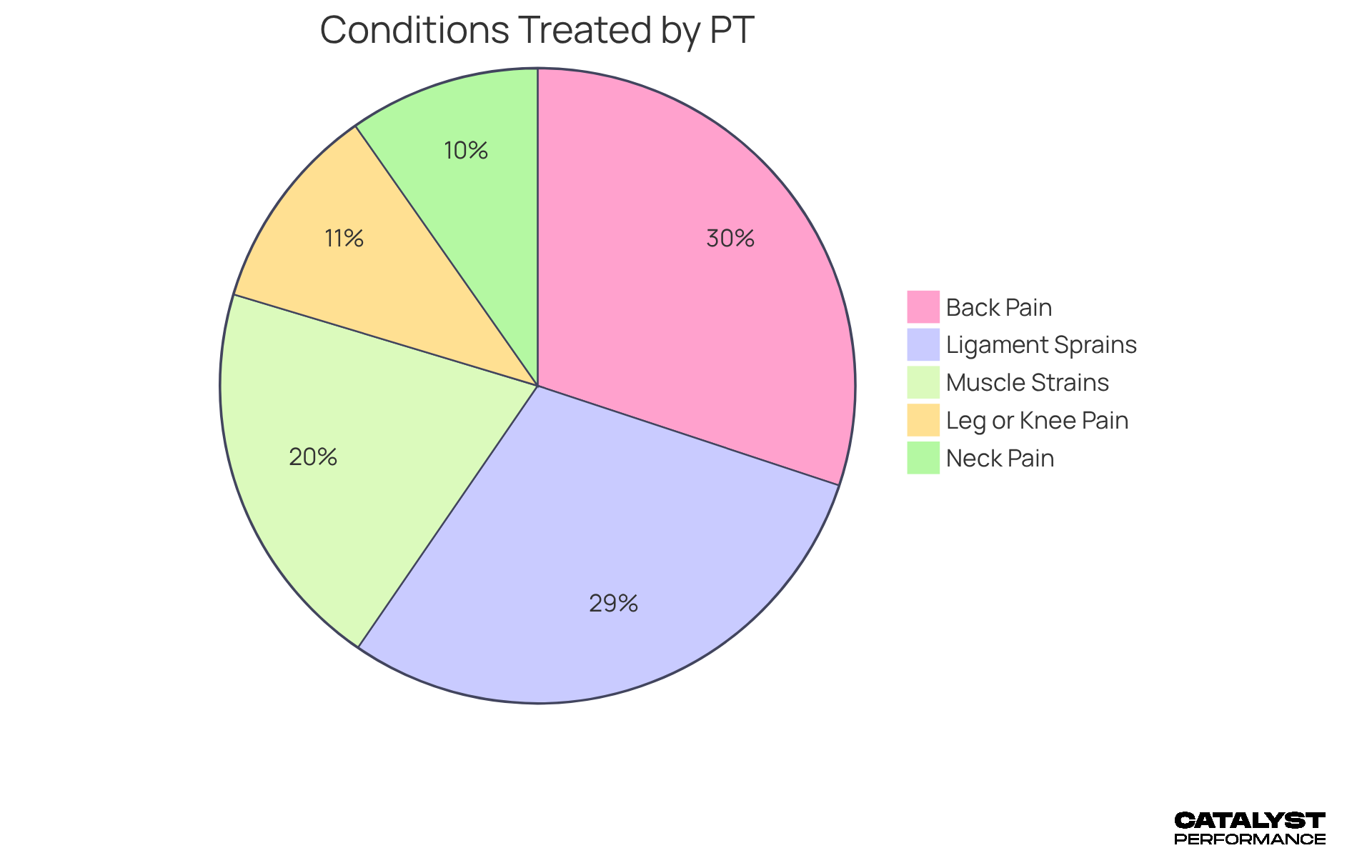 Each slice of the pie shows the percentage of cases for each condition treated by physical therapy. The larger the slice, the more common that condition is among patients. Each slice of the pie shows the percentage of cases for each condition treated by physical therapy. The larger the slice, the more common that condition is among patients.