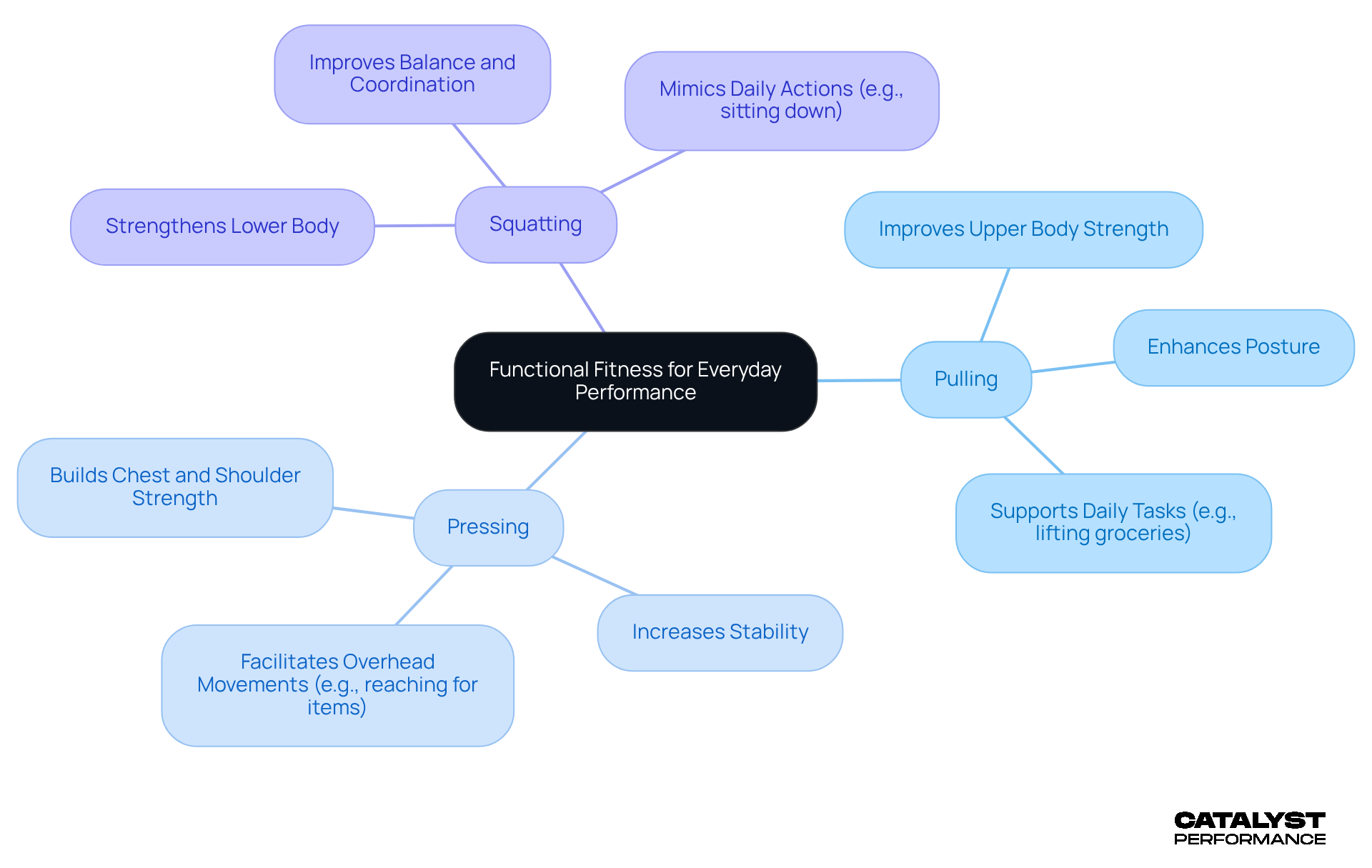 Start at the center with the concept of functional fitness, then explore how each movement pattern supports your daily life. Each branch shows how these exercises help you perform better in everyday tasks.