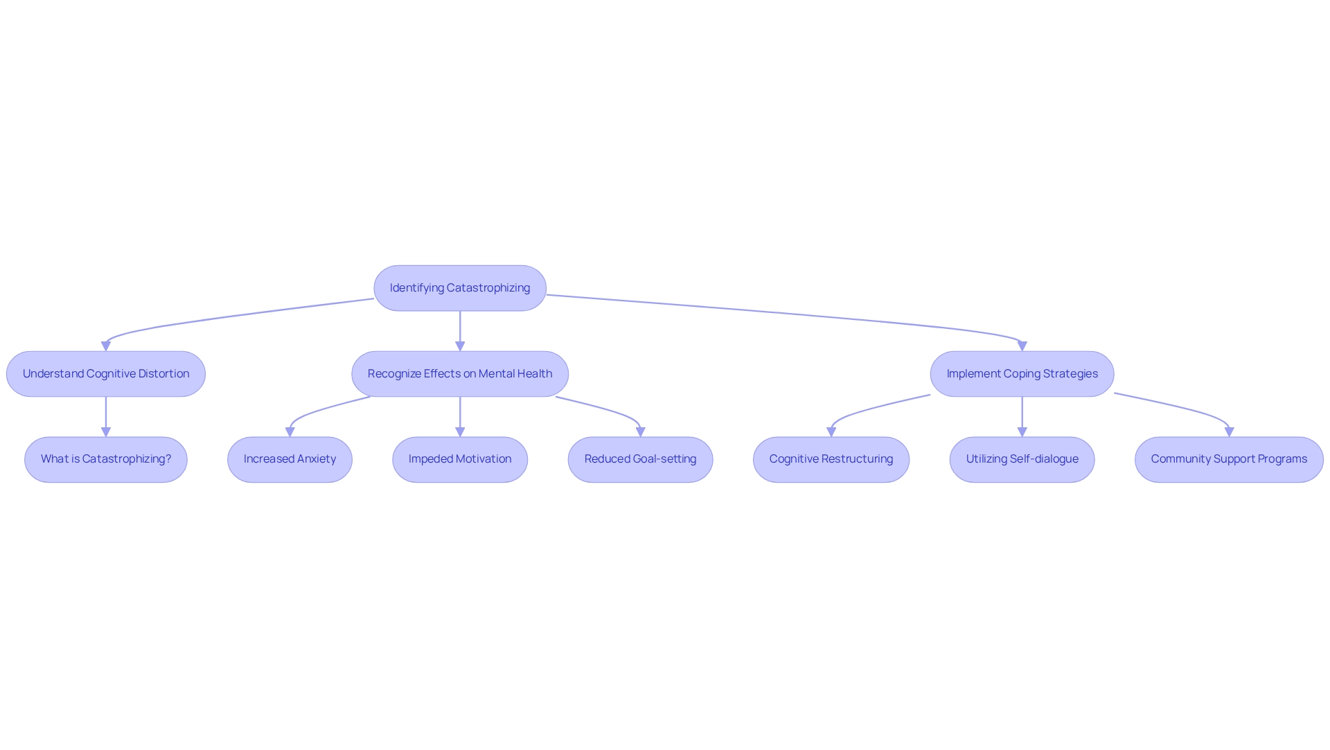 The flowchart illustrates the process of identifying catastrophizing, its effects, and coping strategies. Each color represents a stage in the process.