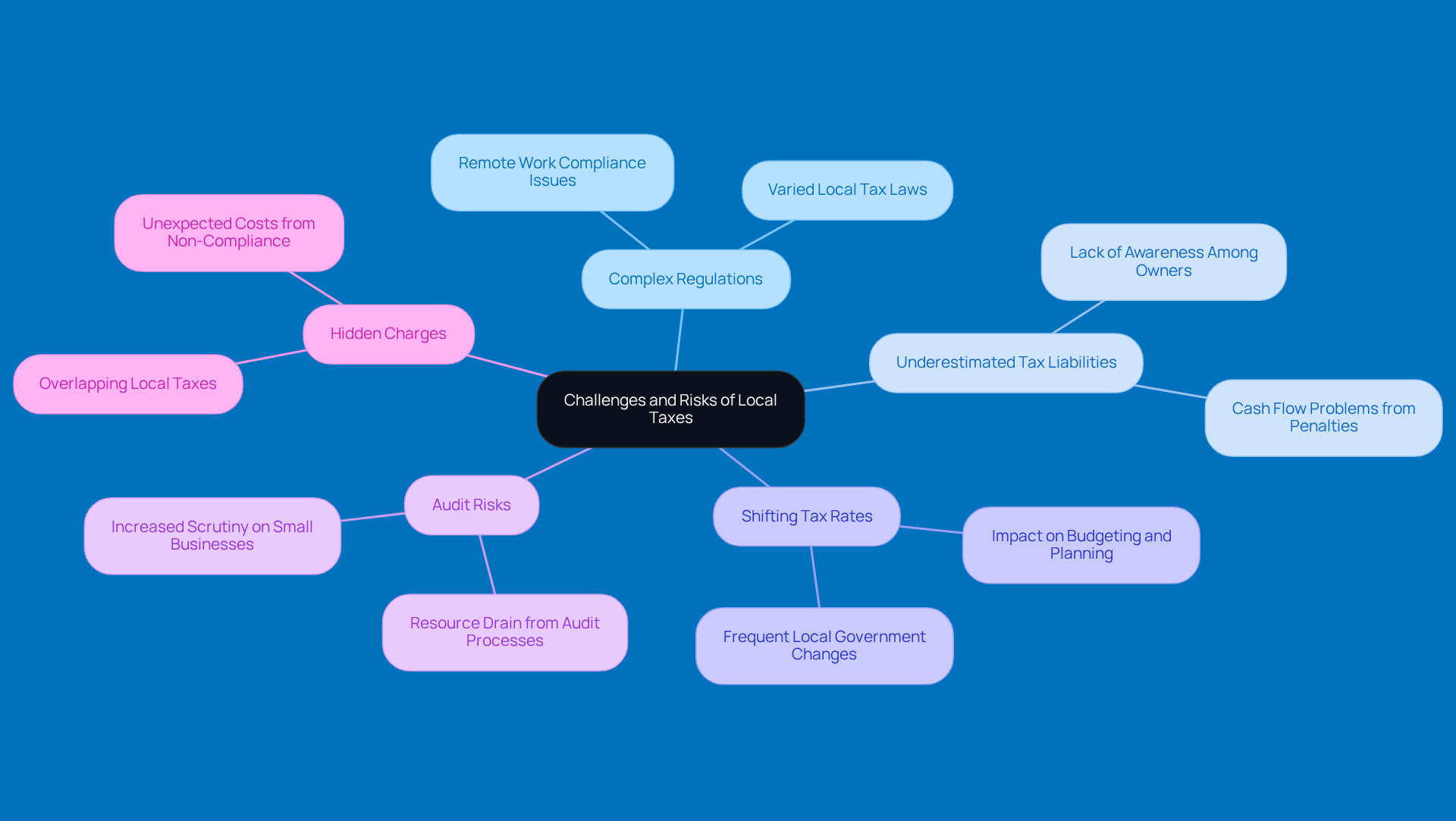 The central node represents the overall theme of local tax challenges, while each branch highlights a specific issue that small businesses face. Follow the branches to understand the complexities and risks involved.