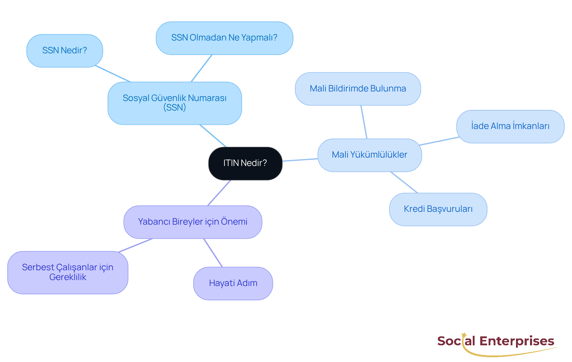 Orta kısımda ITIN'in tanımı var. Dallarda ise bu numaranın sağladığı avantajlar ve kimler için gerekli olduğu gibi bilgiler var. Her dal, ITIN ile ilgili önemli bir konuyu temsil ediyor. Orta kısımda ITIN'in tanımı var. Dallarda ise bu numaranın sağladığı avantajlar ve kimler için gerekli olduğu gibi bilgiler var. Her dal, ITIN ile ilgili önemli bir konuyu temsil ediyor.