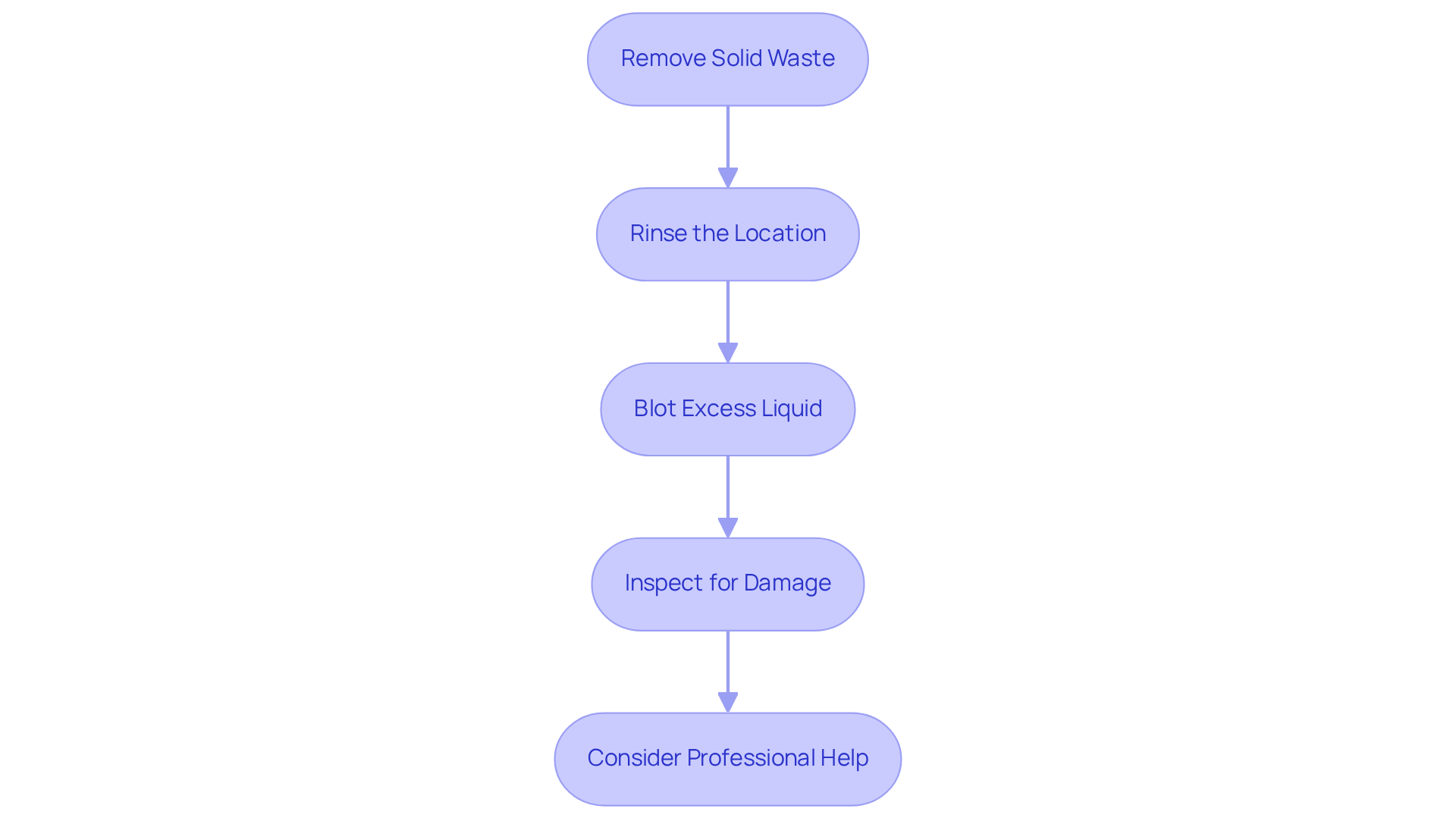 Follow the arrows from one step to the next to see how to effectively clean dog urine from your turf. Each box shows what to do at that stage.
