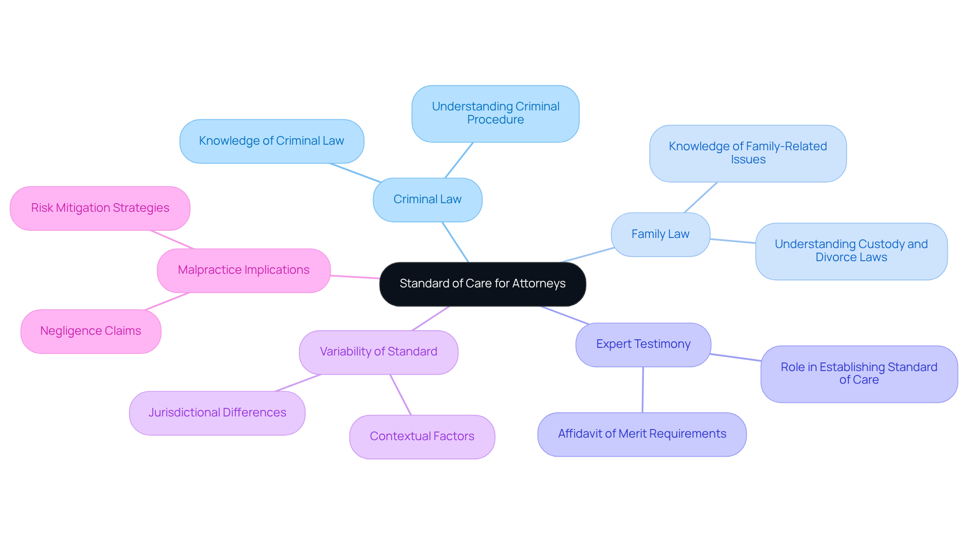 The central idea is the standard of care, with branches showing different areas of law. Each branch details what attorneys need to know to meet the expected level of competence in their field.