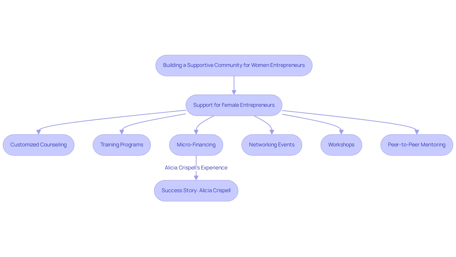 Each box represents a service offered by WWBC, with arrows indicating the flow of support. Color coding differentiates the types of services: counseling (blue), training (green), micro-financing (yellow), networking (purple), workshops (orange), and mentoring (red).