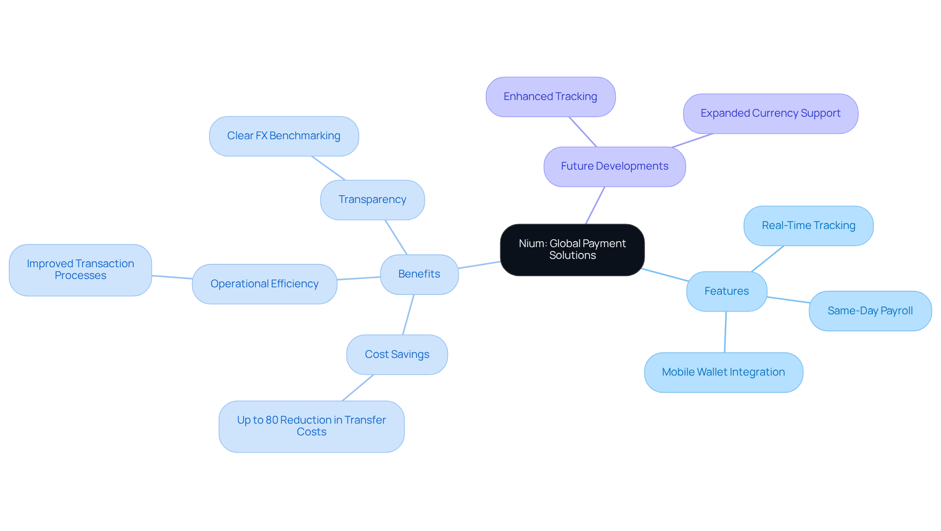 Start at the center with Nium's payment solutions, then explore the branches to see the features, benefits, and what’s coming next. Each color represents a different aspect of Nium's offerings.