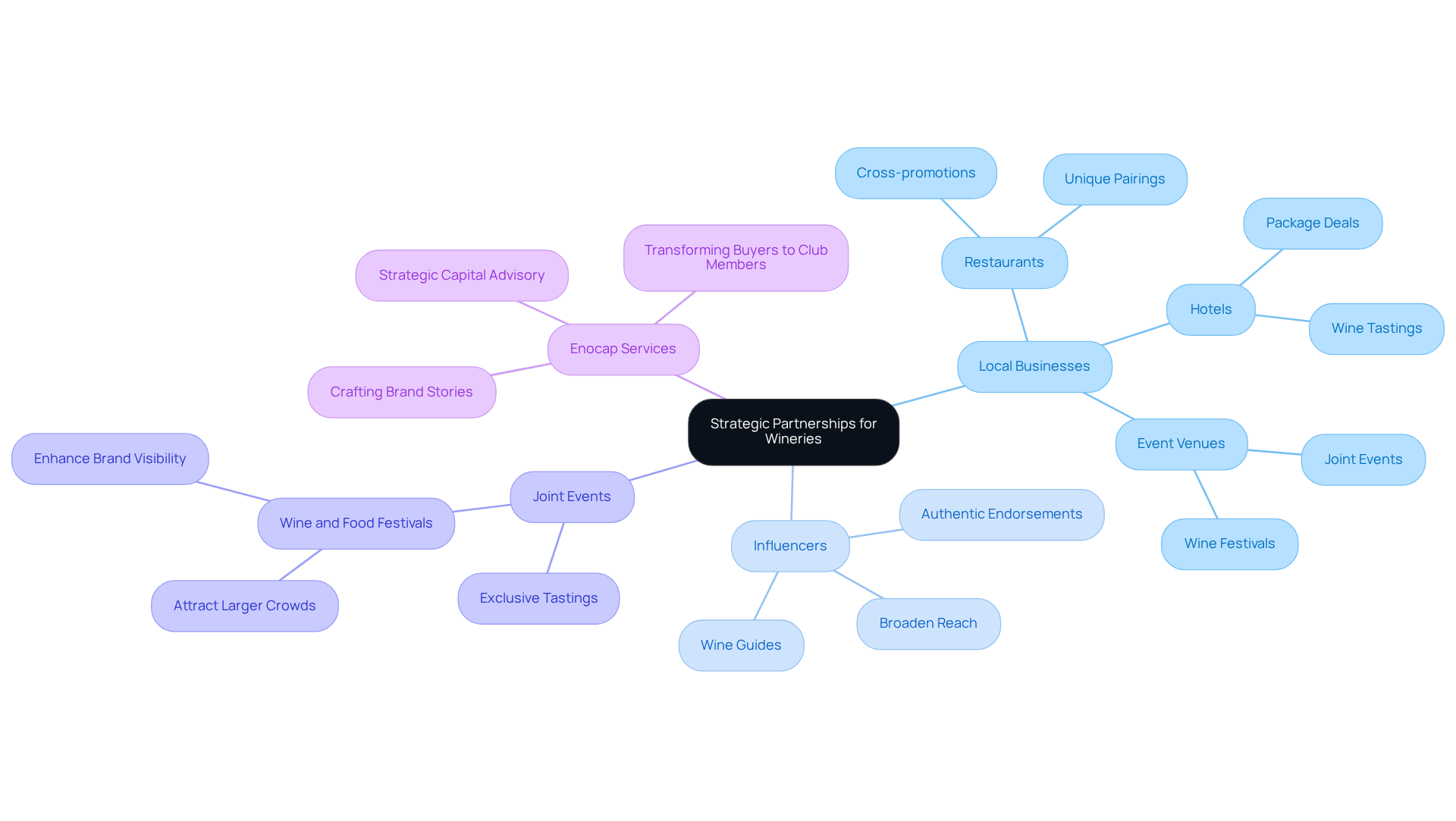 The center represents the main focus on partnerships. Each branch shows a different area of collaboration, with further details that explain how these partnerships can enhance the winery's outreach and customer engagement.