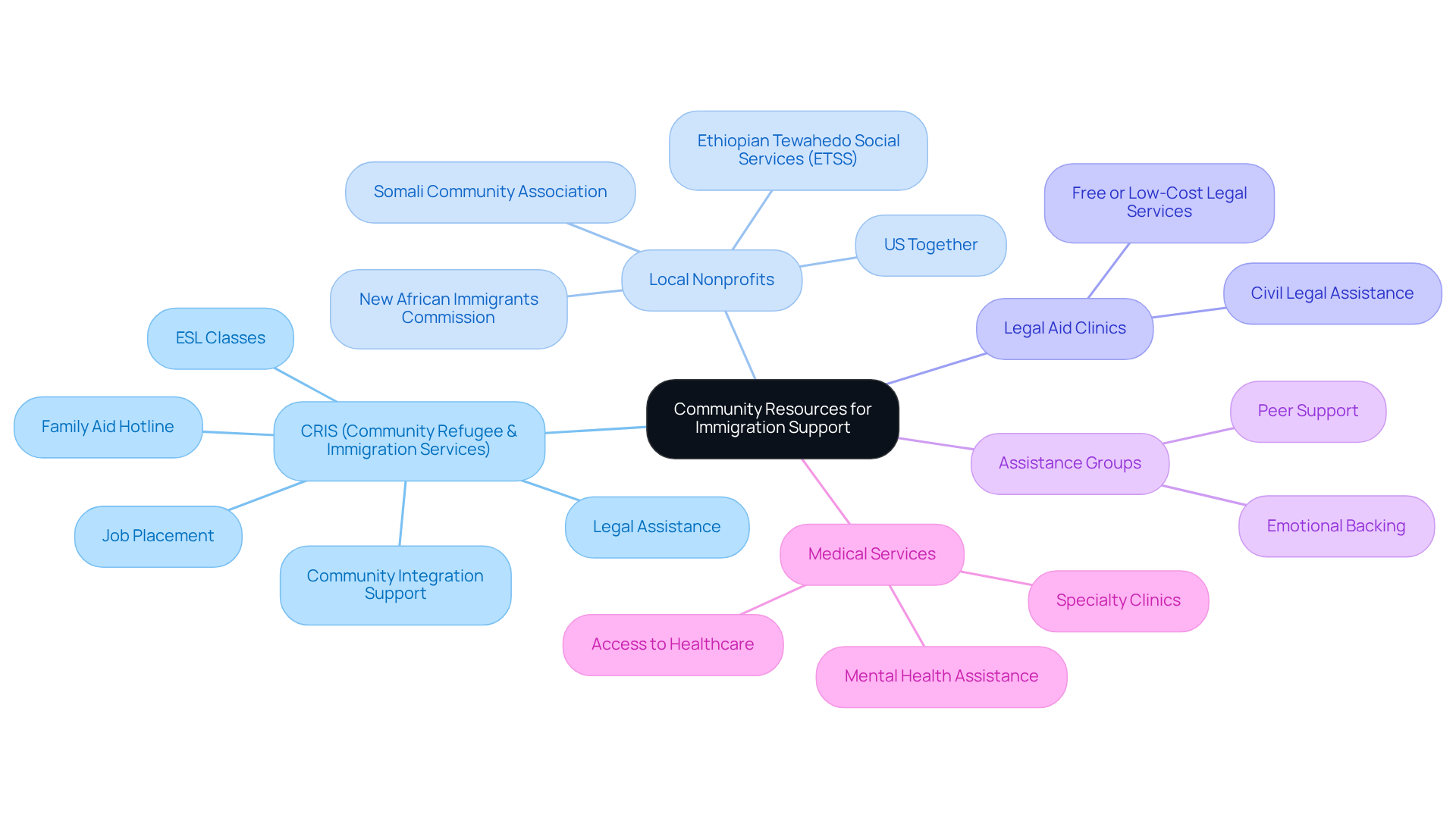 This mindmap shows various resources available to healthcare workers facing immigration challenges. Each branch represents a different type of support, helping you see how they connect and what they offer.