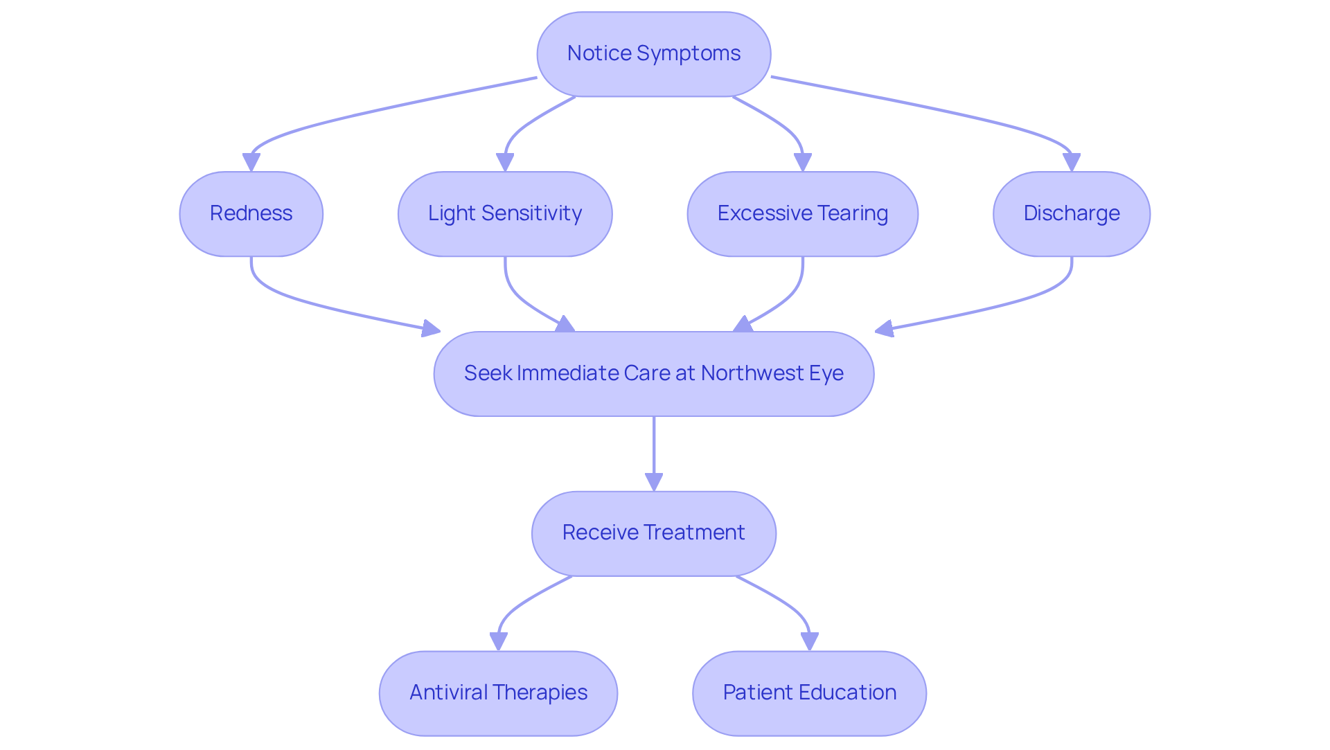 This flowchart guides you through what to do if you notice symptoms of eye herpes. Start at the top with 'Notice Symptoms' and follow the arrows down to see the steps you should take to protect your vision.