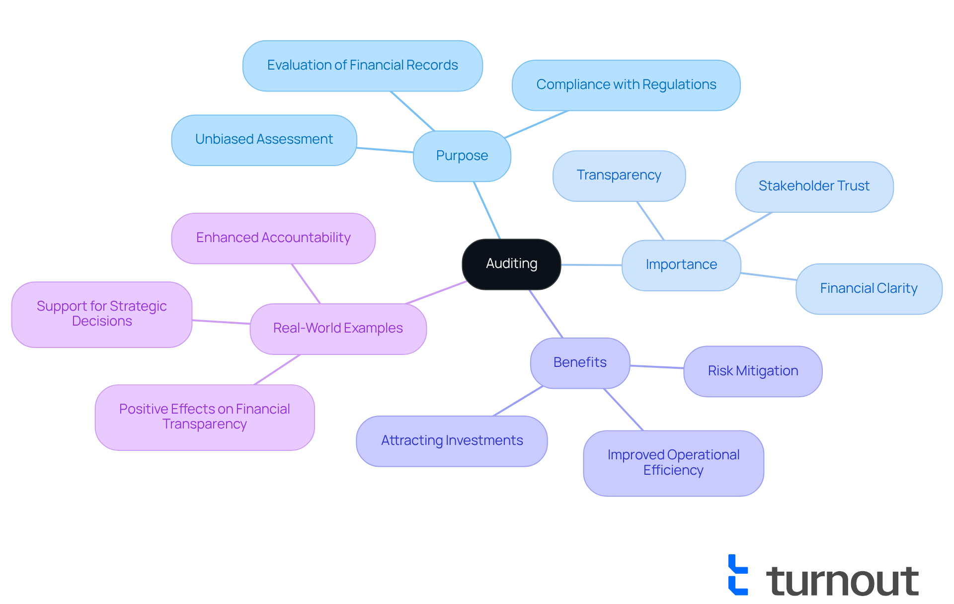 The central node represents the concept of auditing, while the branches illustrate its various aspects. Each branch expands on key ideas related to auditing, helping you understand its comprehensive role in financial clarity and stakeholder confidence.