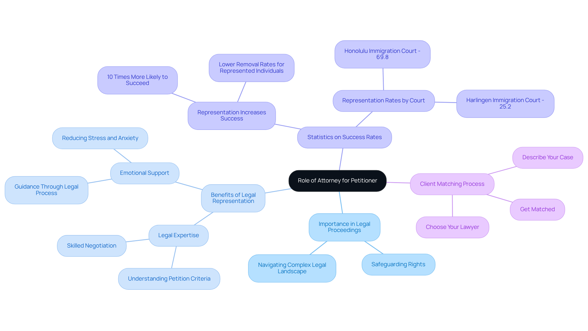 This mindmap illustrates how the role of an attorney for petitioner is vital in legal cases. Each branch shows different aspects of their importance, from providing legal knowledge to emotional support, and how they can significantly affect case outcomes.
