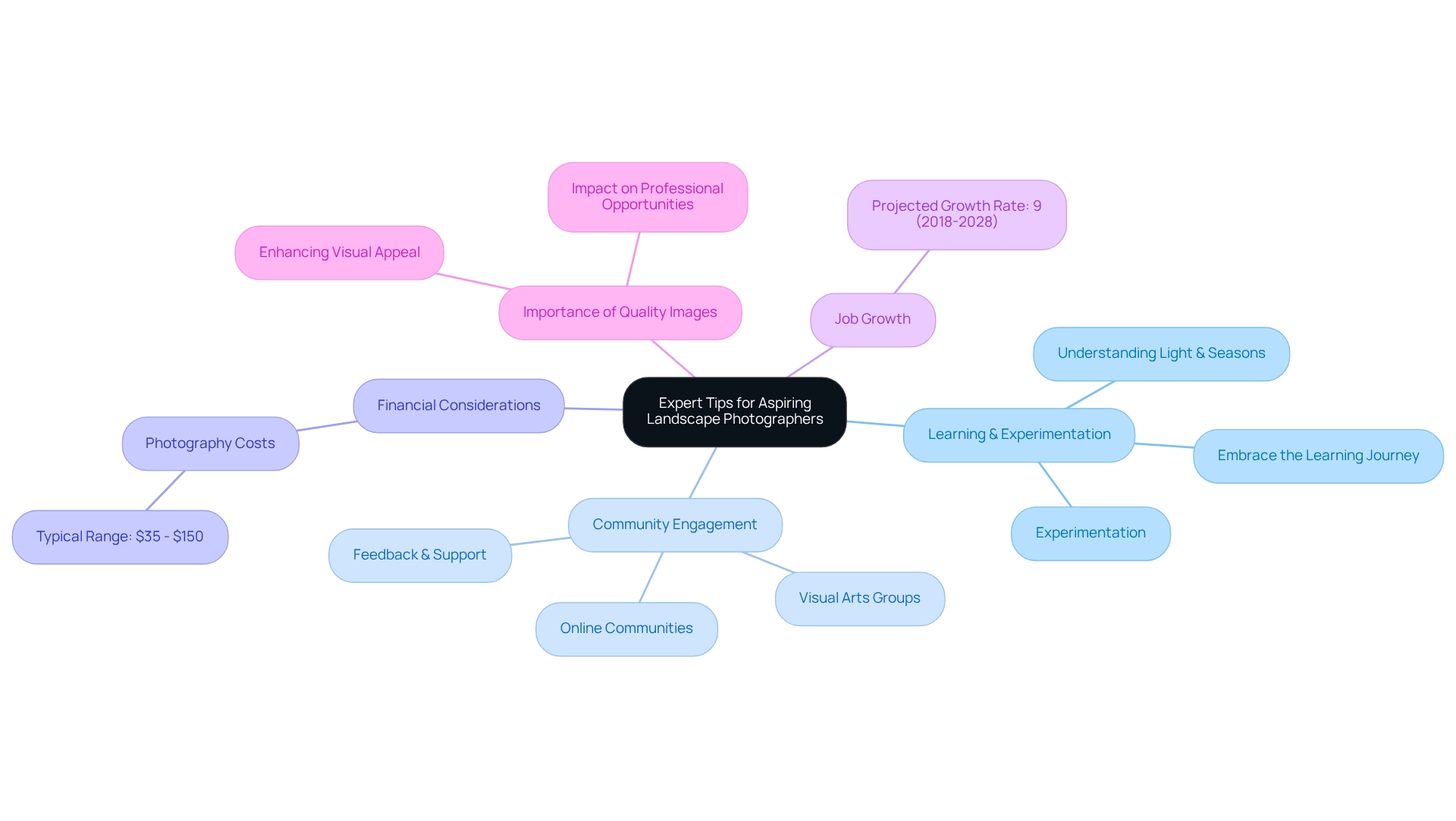 The central node represents overarching photography tips, with branches indicating key themes and sub-branches detailing specific insights within those themes.