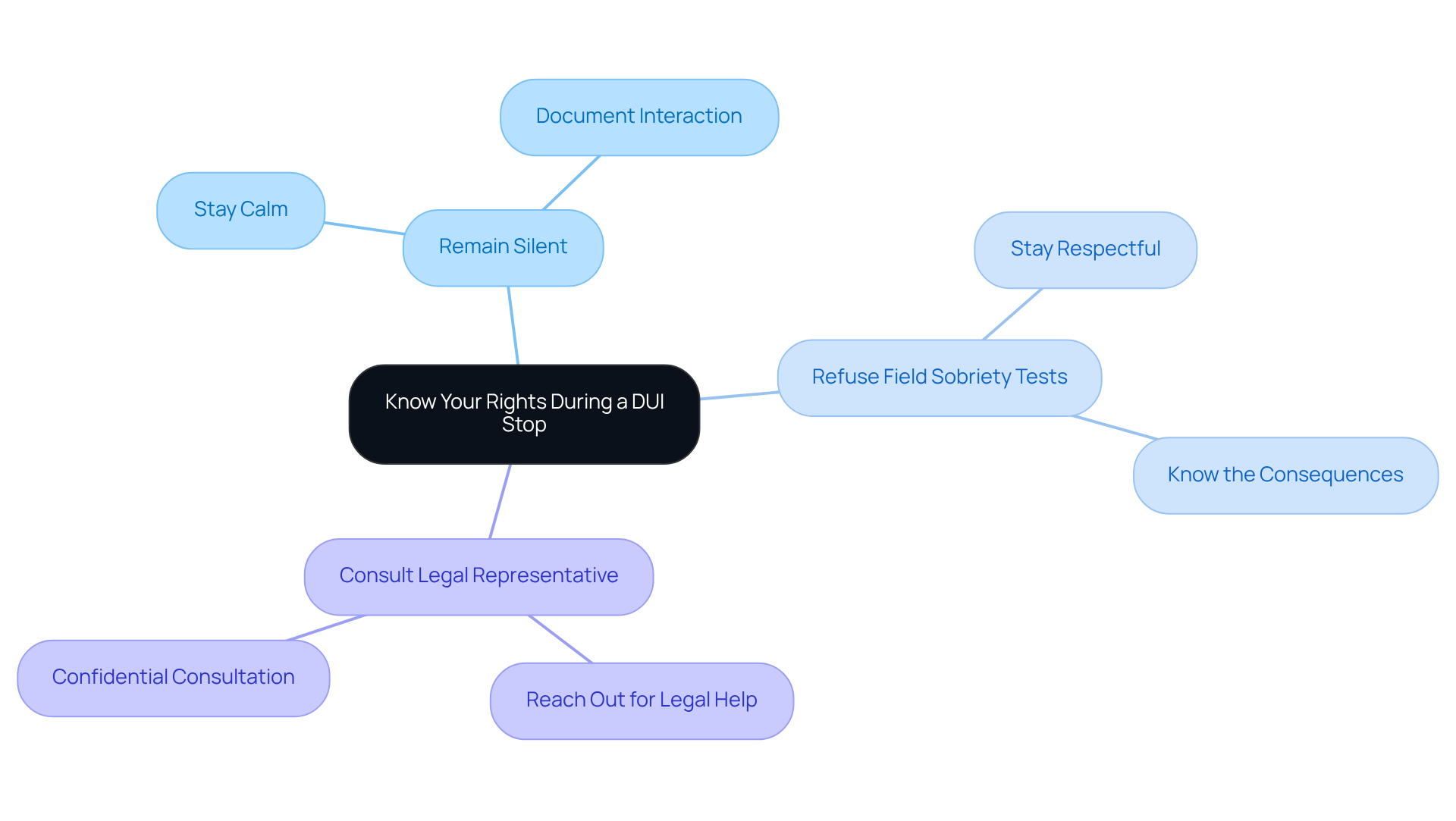 The center shows the main theme of knowing your rights. Each branch represents a specific right, and the sub-branches offer guidance on how to exercise these rights effectively.