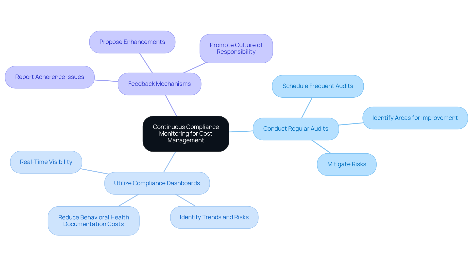 This mindmap starts with the main idea of continuous compliance monitoring at the center. Each branch represents a key strategy, and the sub-branches provide more details about actions or benefits related to that strategy. Follow the branches to see how each strategy contributes to effective cost management in Medicaid compliance.