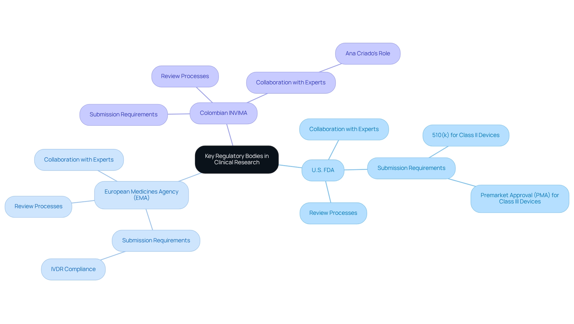 The center represents the main theme of regulatory bodies. Each branch shows a different agency, with further branches detailing their specific roles and requirements. This structure helps visualize how these agencies interact and their importance in clinical research compliance.