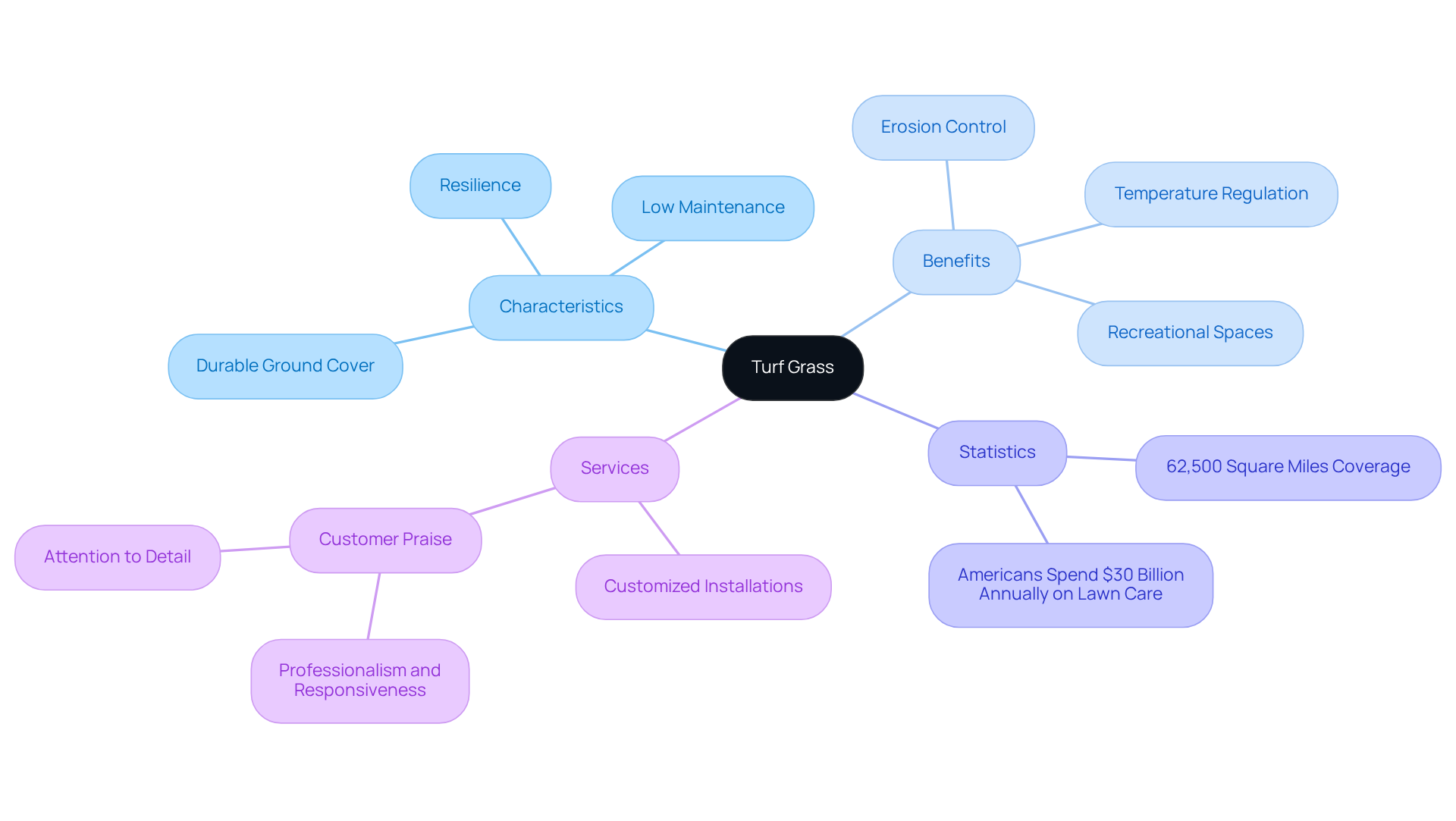 The central node represents turf grass, while the branches show its characteristics, benefits, statistics, and services. Each branch highlights important points, making it easy to see how they relate to the main topic.