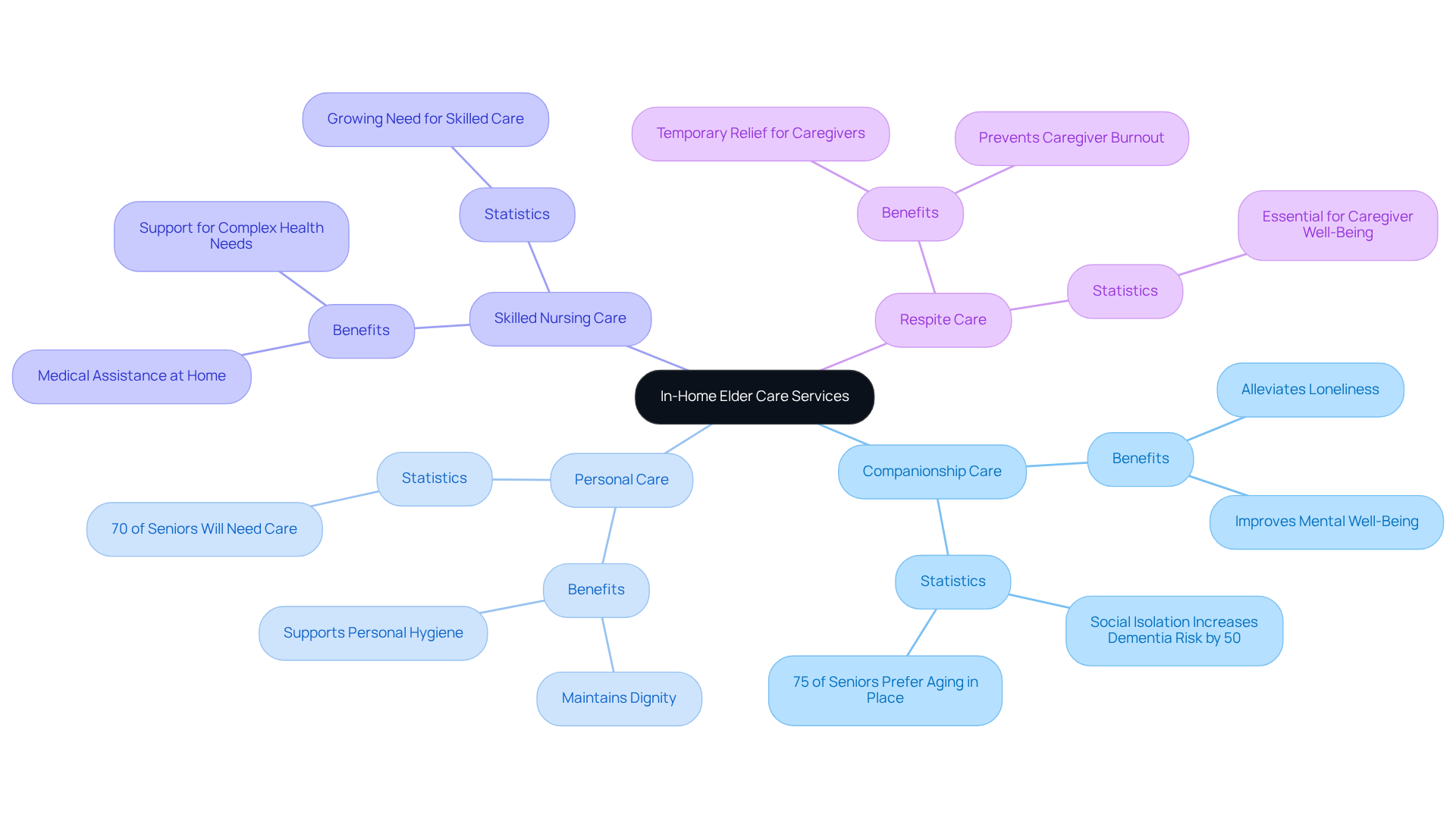 The central node represents the main topic of elder care services, while the branches show different types of care available. Each sub-branch highlights important details, helping families understand their options.