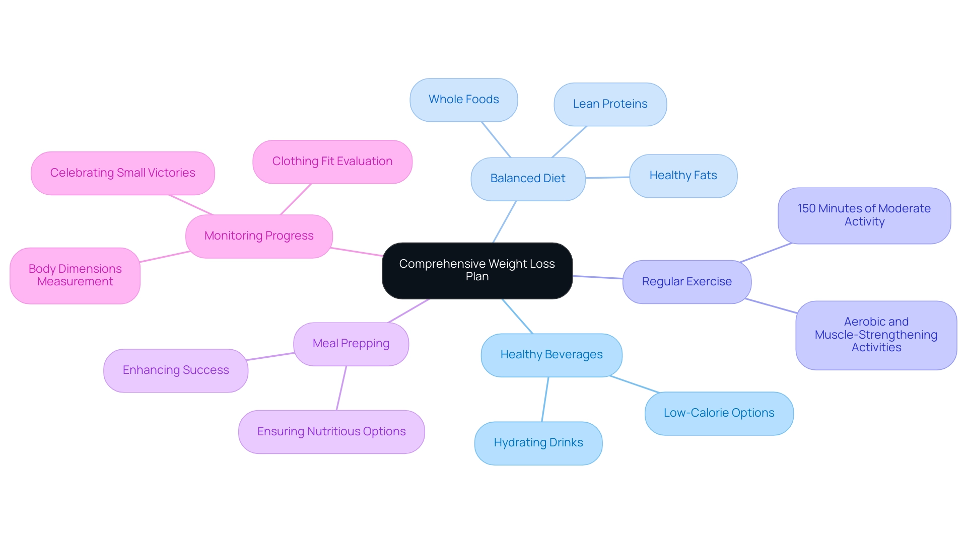 Each branch represents a component of the weight loss plan, with sub-branches detailing specific elements within each category.