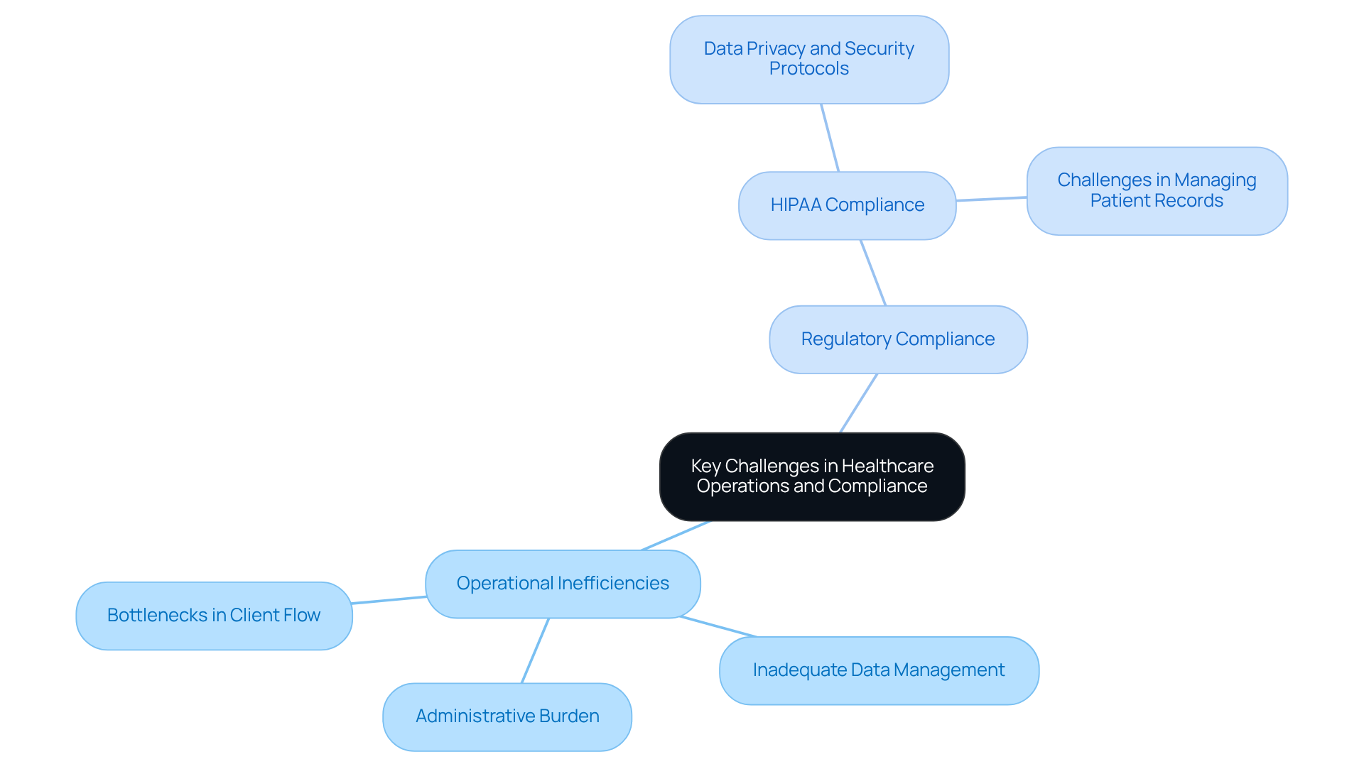 The center shows the main topic, while the branches illustrate different challenges. Each color represents a category, helping you see how operational issues and compliance challenges relate to each other.