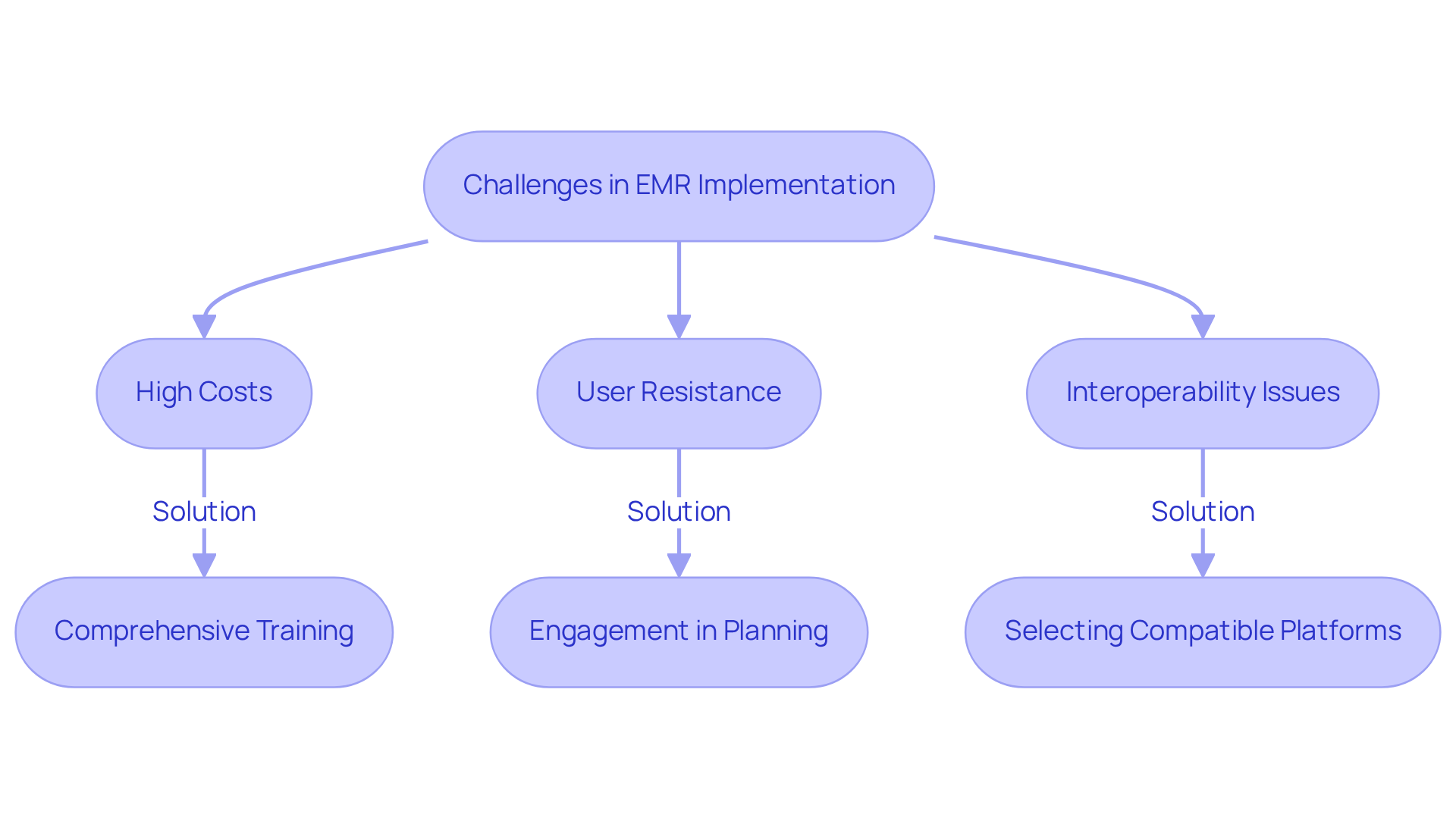 This flowchart outlines the main challenges faced during EMR implementation and the solutions to address them. Follow the arrows to see how each challenge connects to its corresponding solution.