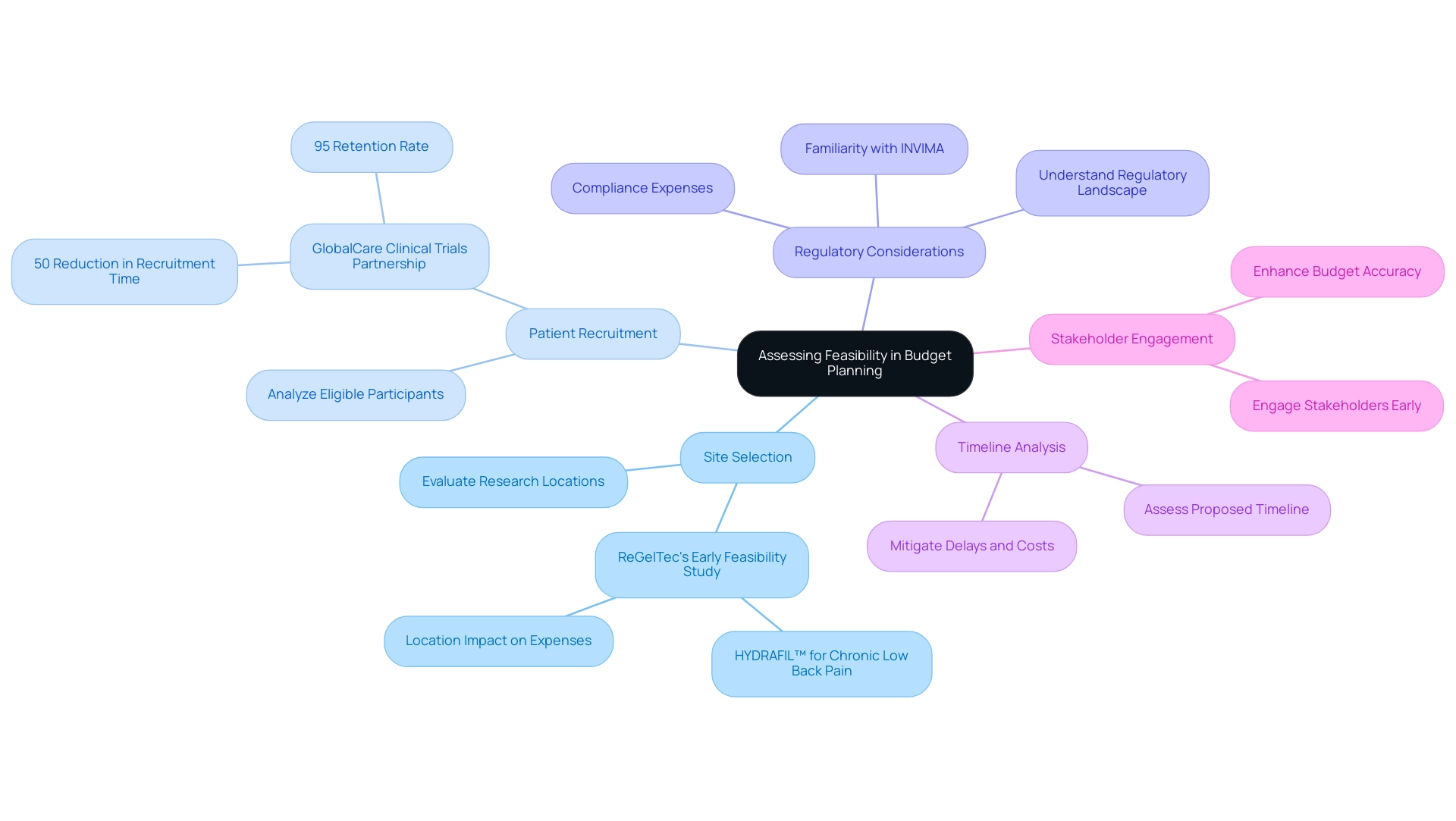 The central node represents feasibility assessment, with branches showing the key elements that impact clinical trial budgeting. Each color corresponds to a different key element.