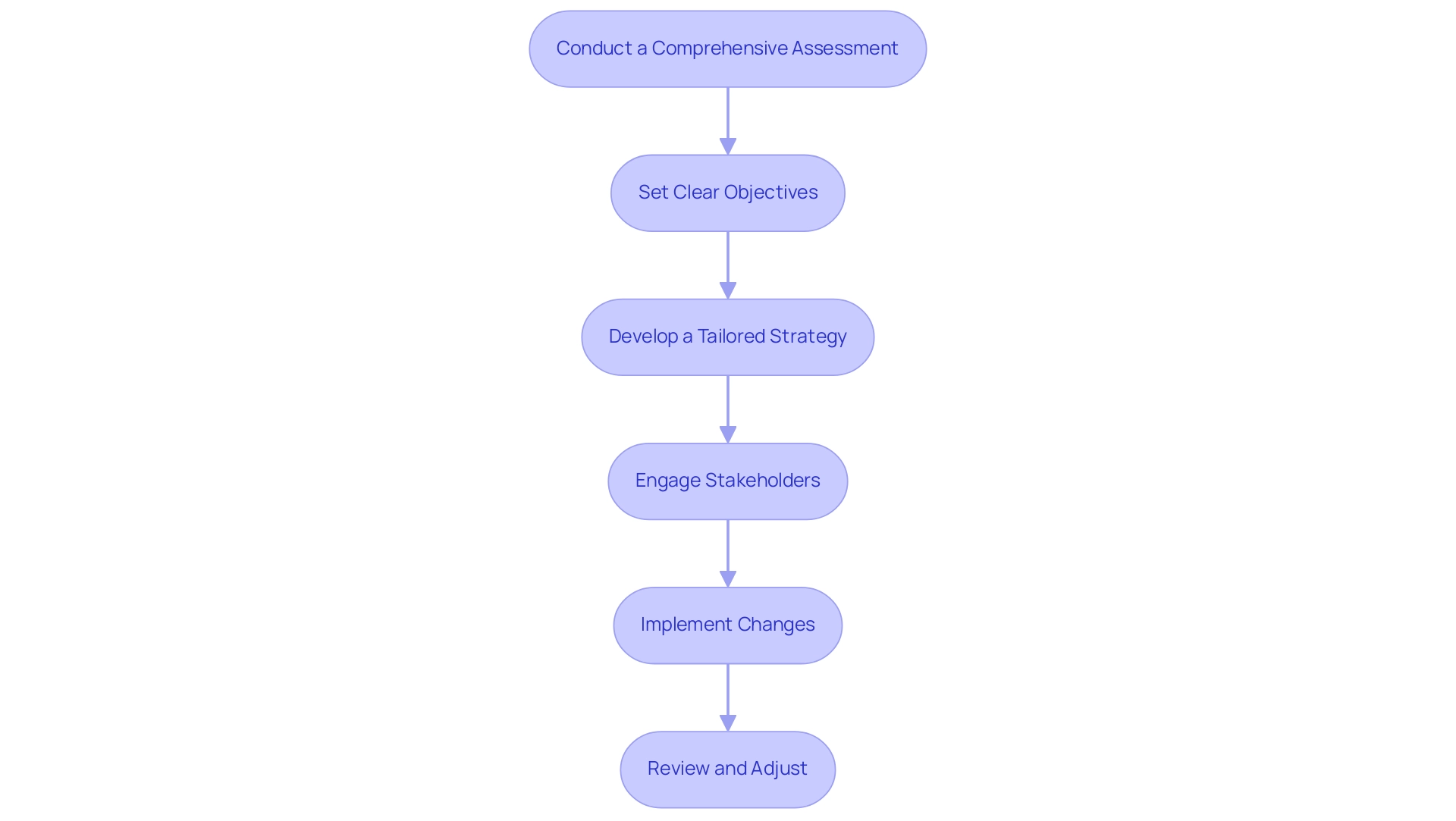 Each box represents a step in the transformation process, color-coded for clarity: light blue (Assessment), green (Objectives), orange (Strategy), purple (Stakeholders), yellow (Implementation), red (Review).