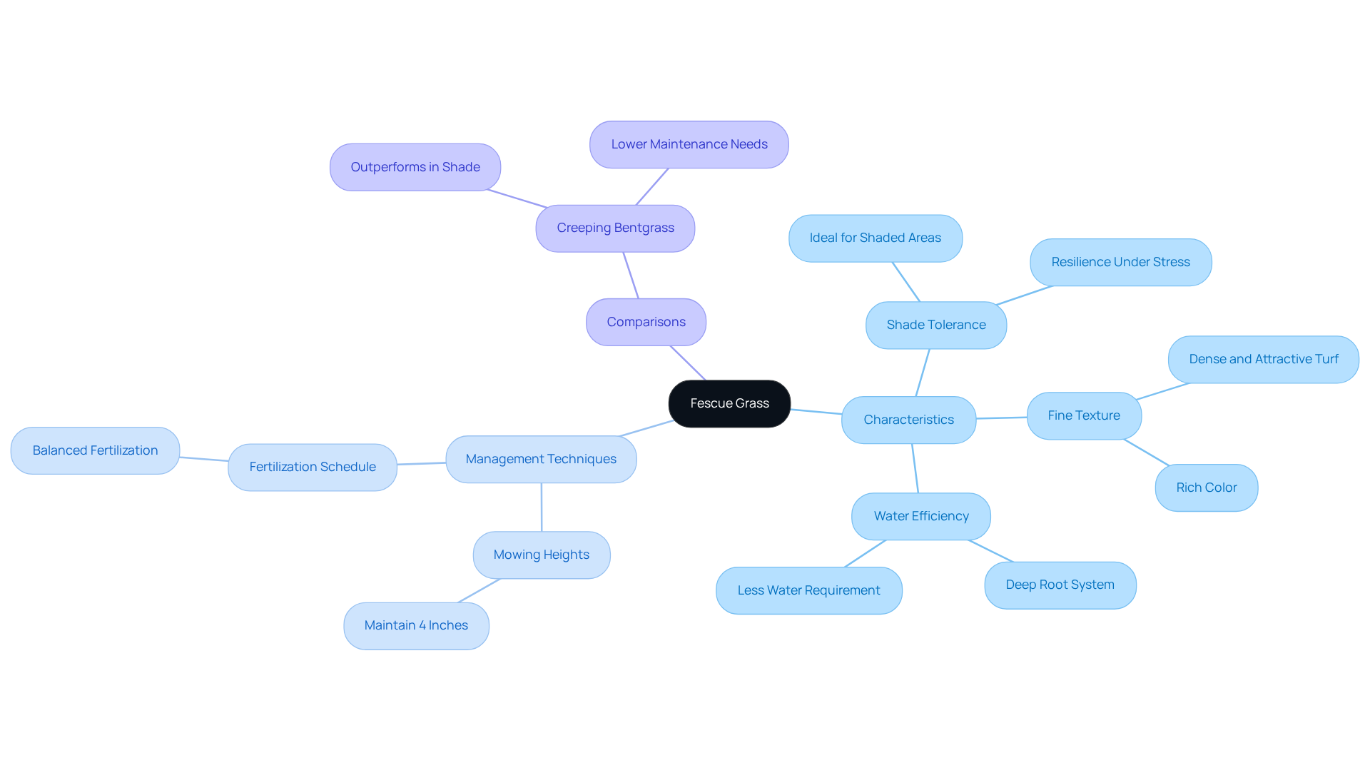 Start at the center with Fescue Grass, then explore its traits and management tips. Each branch shows a different aspect, helping you understand why Fescue is a great choice for shaded areas. Start at the center with Fescue Grass, then explore its traits and management tips. Each branch shows a different aspect, helping you understand why Fescue is a great choice for shaded areas.