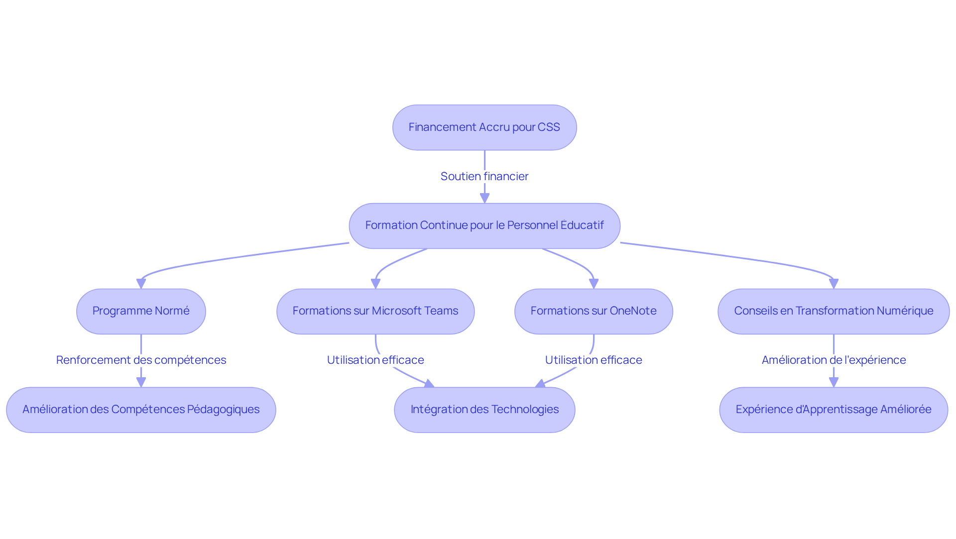 Chaque étape représente une initiative de formation - suivez les flèches pour voir comment elles se connectent et contribuent à l'amélioration des compétences des enseignants.