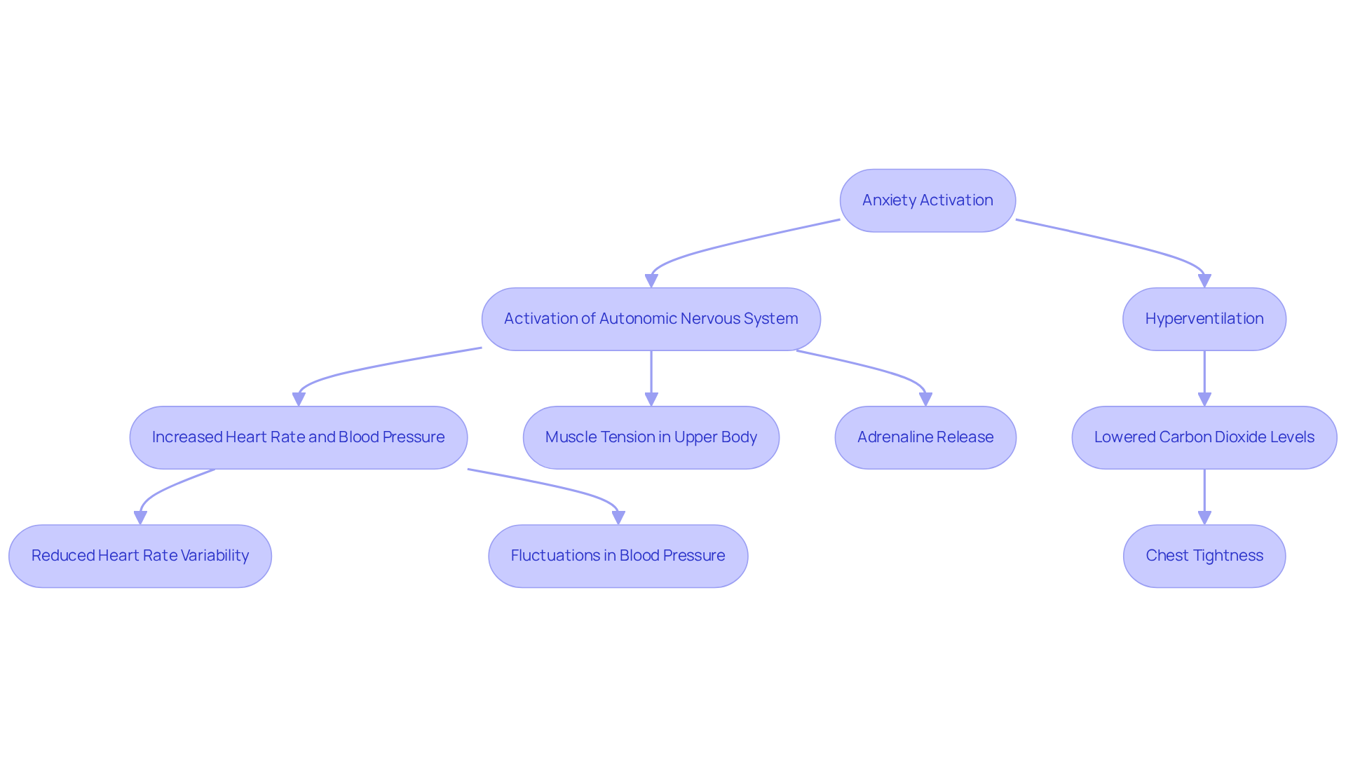 This flowchart shows how anxiety triggers a series of physiological responses that can lead to chest pain. Each box represents a step in the process, and the arrows indicate how one response leads to another.