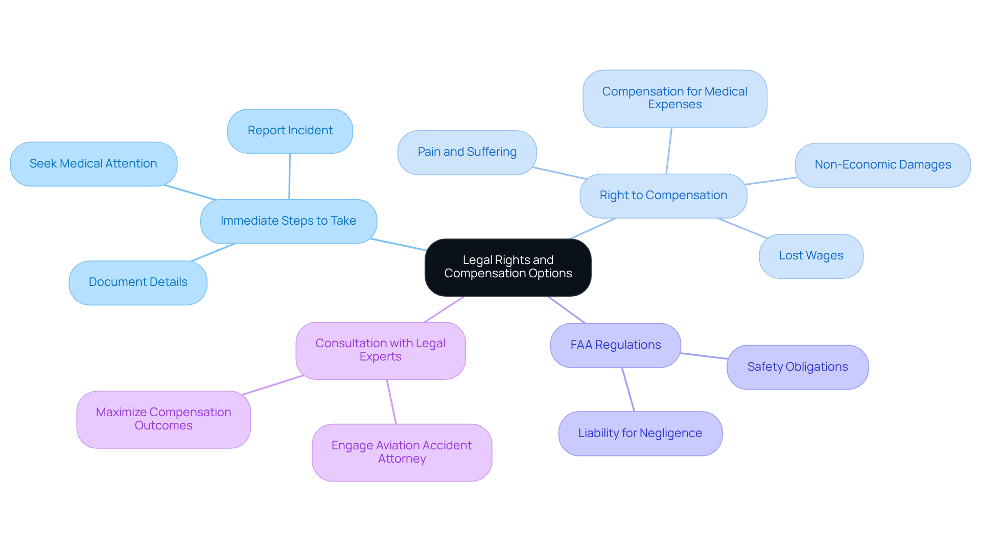 The central node represents the main topic, while the branches show different aspects of your rights and options. Each sub-branch provides specific actions or information related to that area, helping you navigate your journey after an aviation accident.