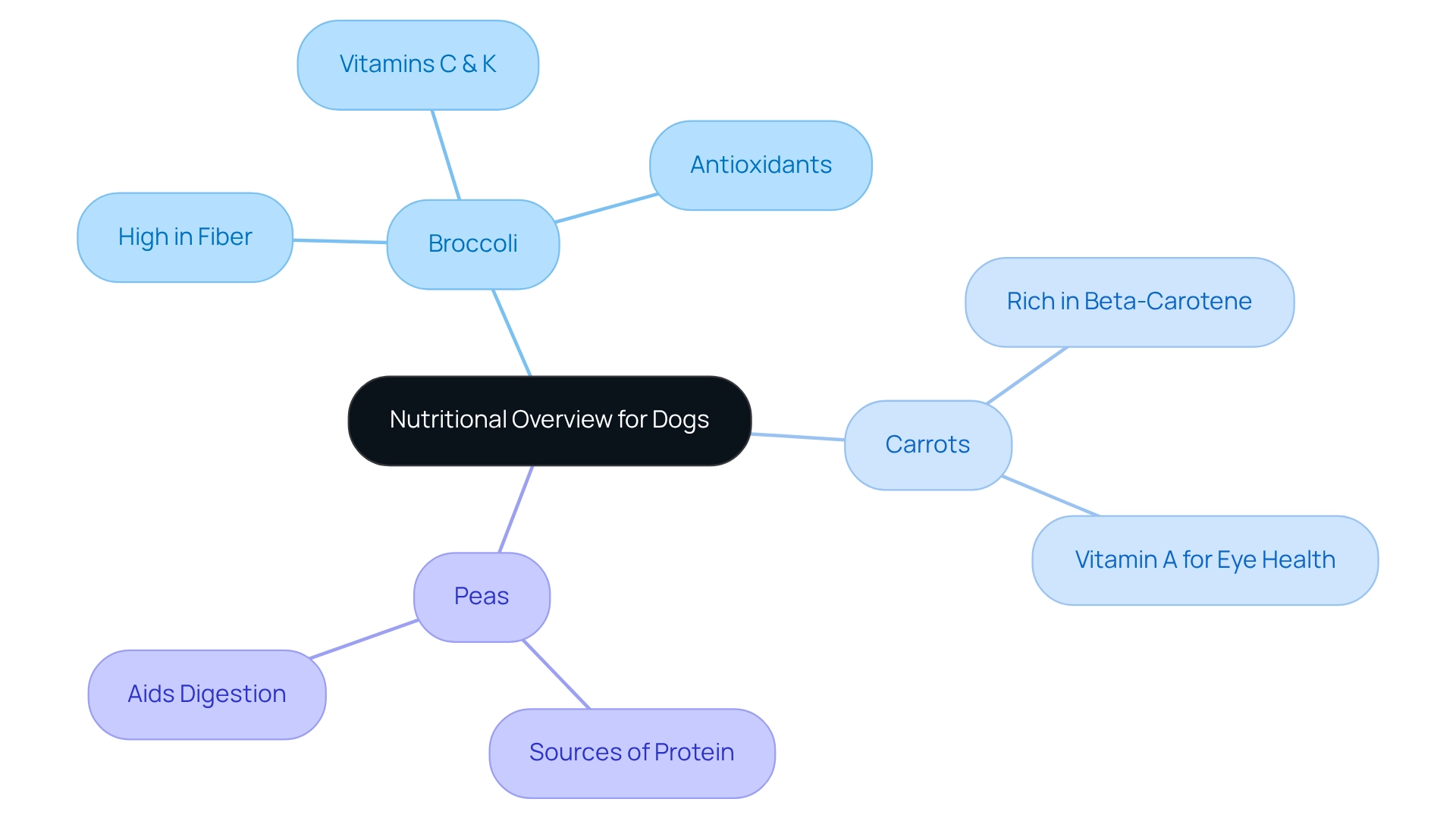 The center shows the main topic, and each branch represents a different vegetable with its specific health benefits. This helps you quickly see which nutrients each vegetable can provide for your dog.