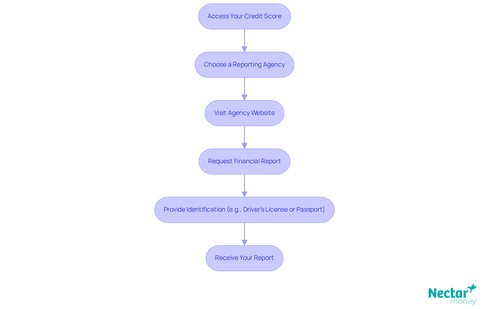 This flowchart shows how to access your credit score. Follow the arrows to see each step, from choosing a reporting agency to receiving your financial report.