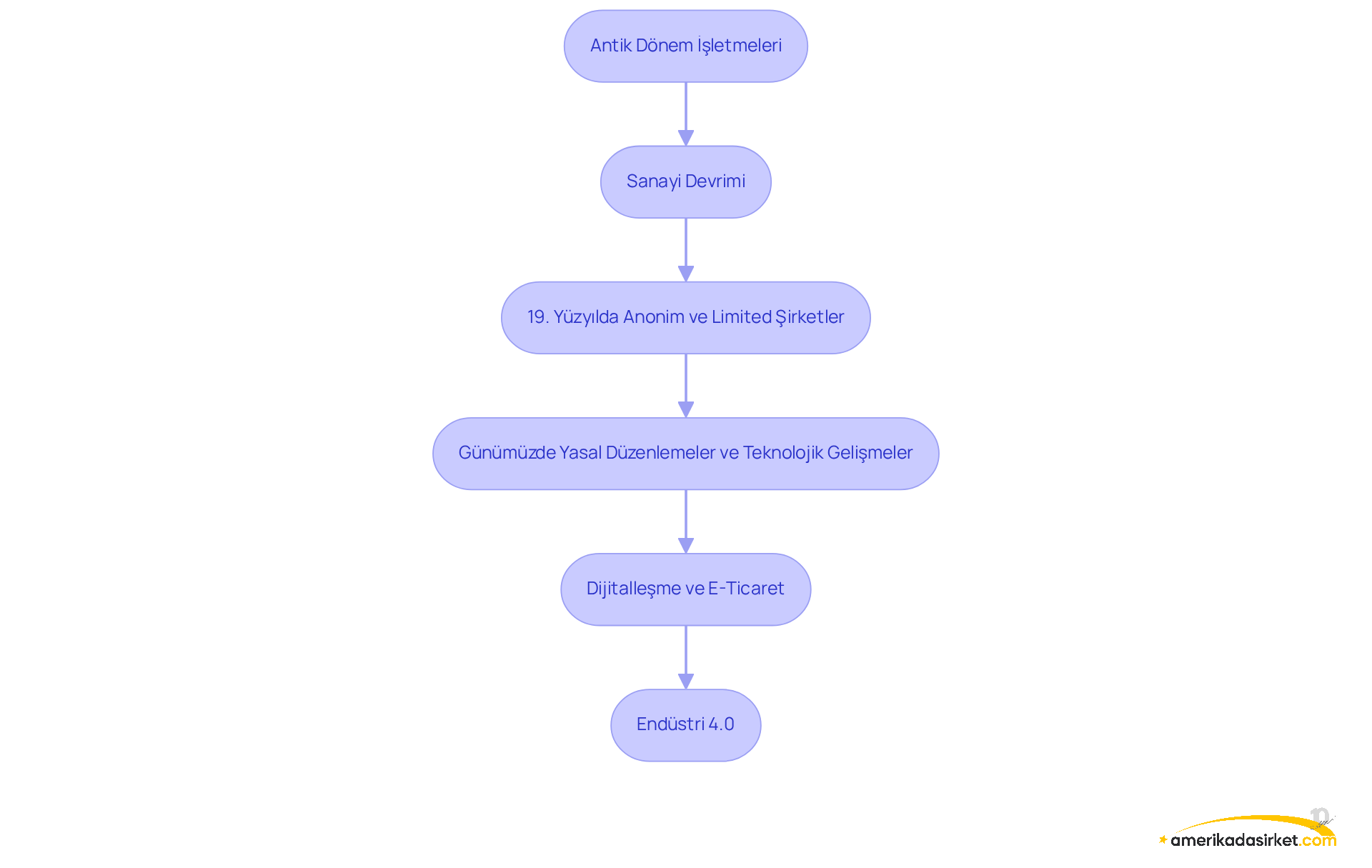 Her kutu, işletme yapılarının evrimindeki bir aşamayı temsil ediyor. Oklar, bu aşamaların nasıl birbirine bağlı olduğunu gösteriyor. Süreç boyunca, her aşamanın altında o döneme ait önemli bilgiler yer alıyor.