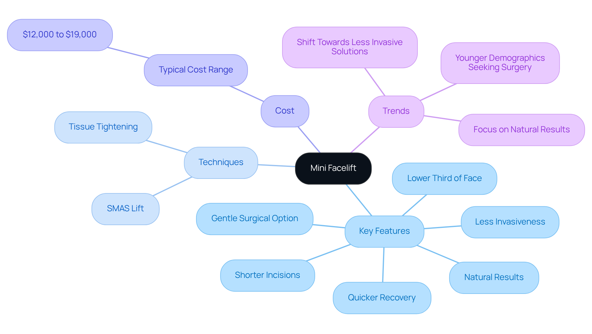 The central node represents the mini facelift, with branches showing its key features, techniques, costs, and trends. Each branch helps you explore different aspects of the procedure, making it easier to understand how they connect.