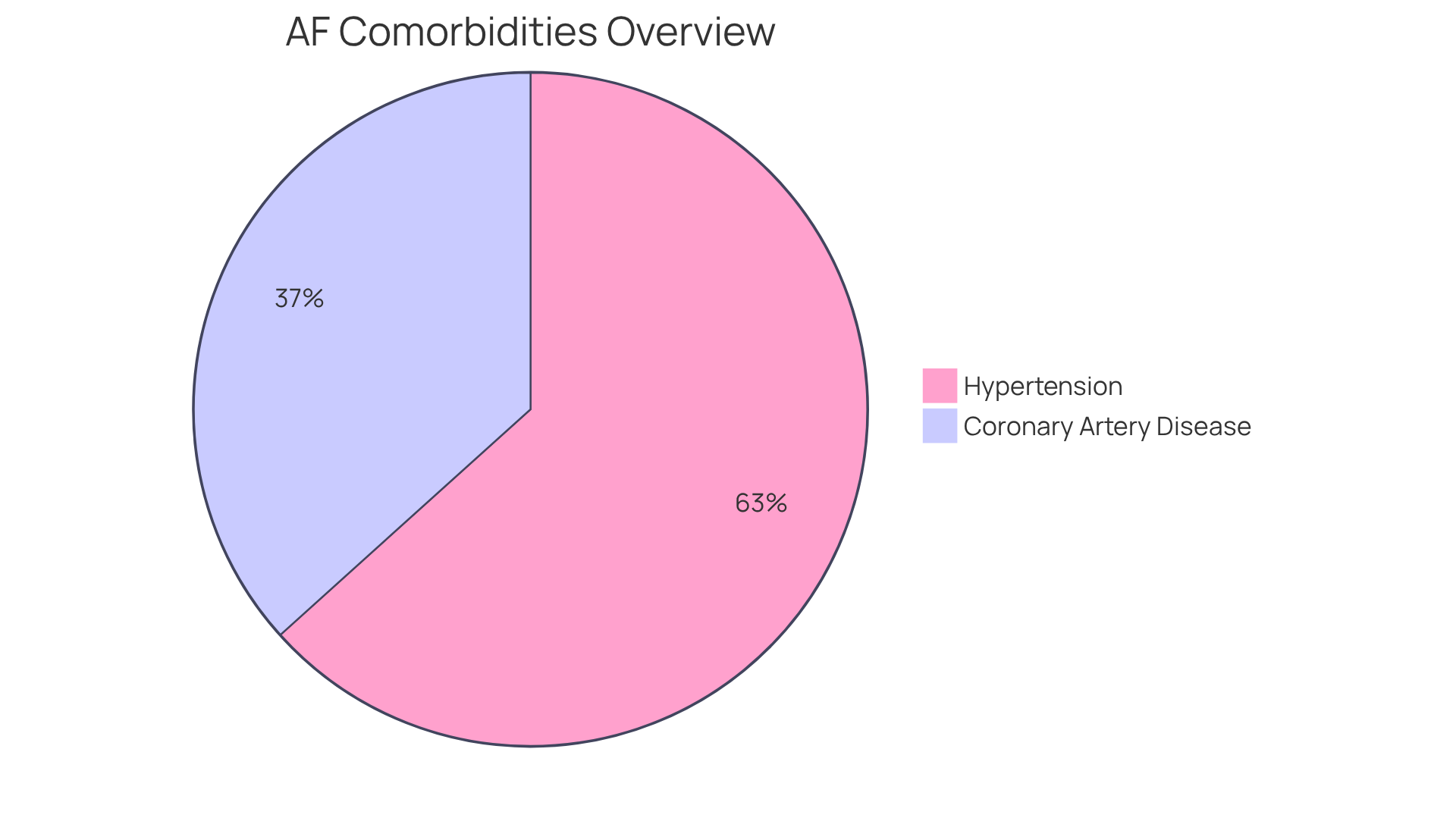 This chart shows the percentage of people with atrial fibrillation who also have hypertension and coronary artery disease. The larger the slice, the more common that condition is among AF patients.