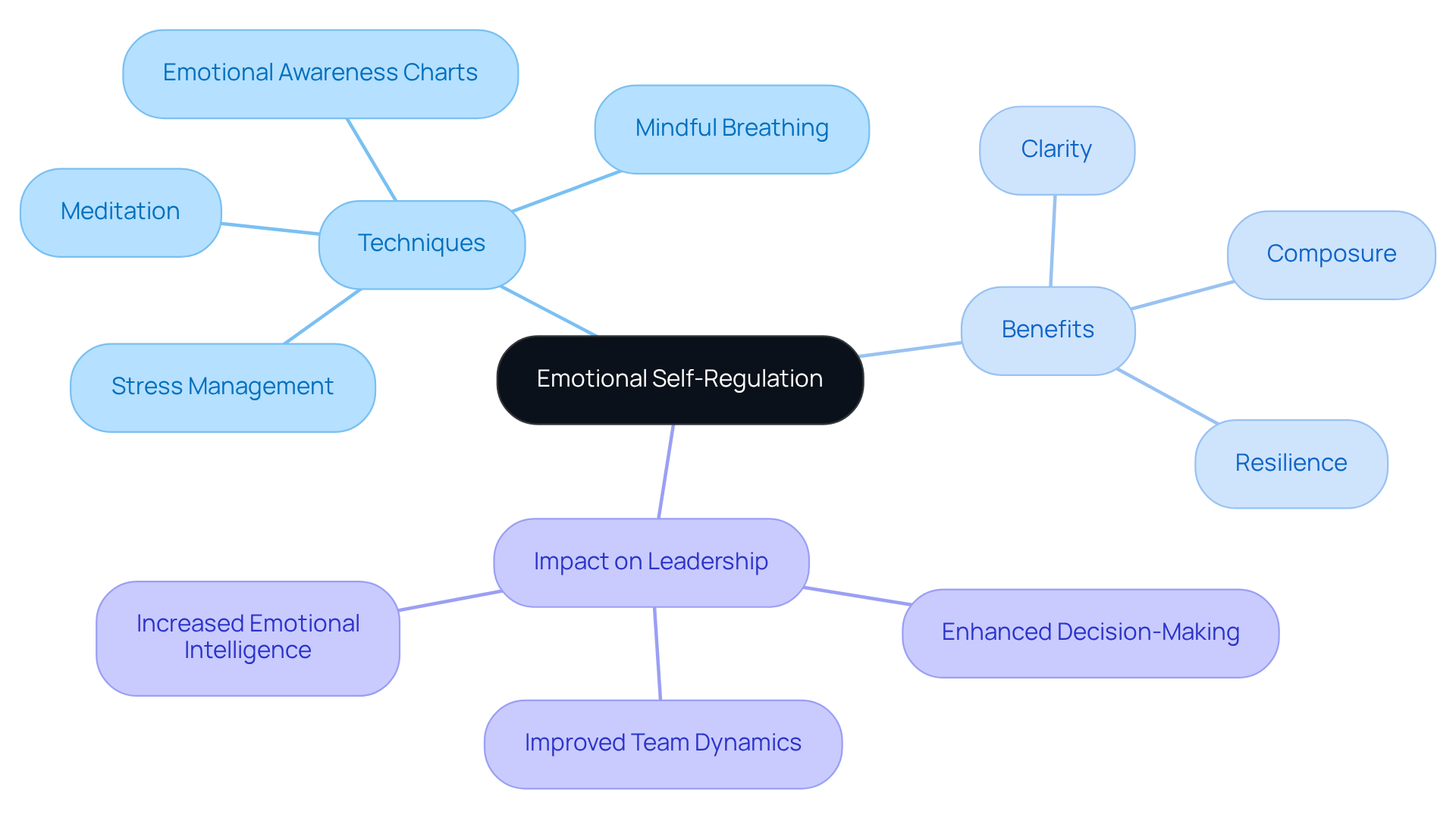 The center represents the core concept of emotional self-regulation, with branches showing techniques and their benefits. Each color-coded area helps you see how practices contribute to better decision-making and effective leadership. The center represents the core concept of emotional self-regulation, with branches showing techniques and their benefits. Each color-coded area helps you see how practices contribute to better decision-making and effective leadership.