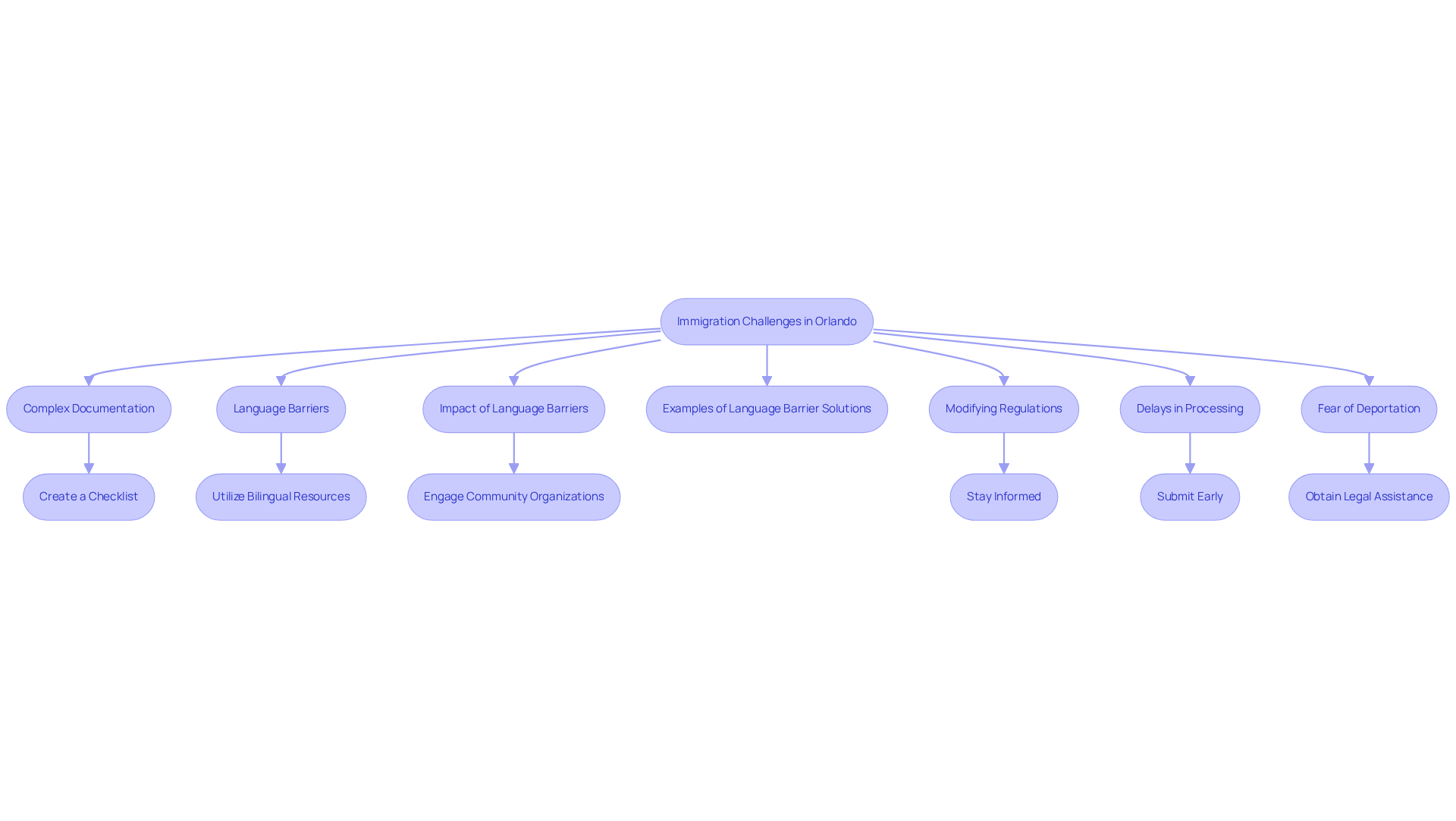 Each box represents a challenge faced during the immigration process, with arrows leading to solutions that can help overcome these issues. Follow the flow to see how to tackle each challenge effectively.