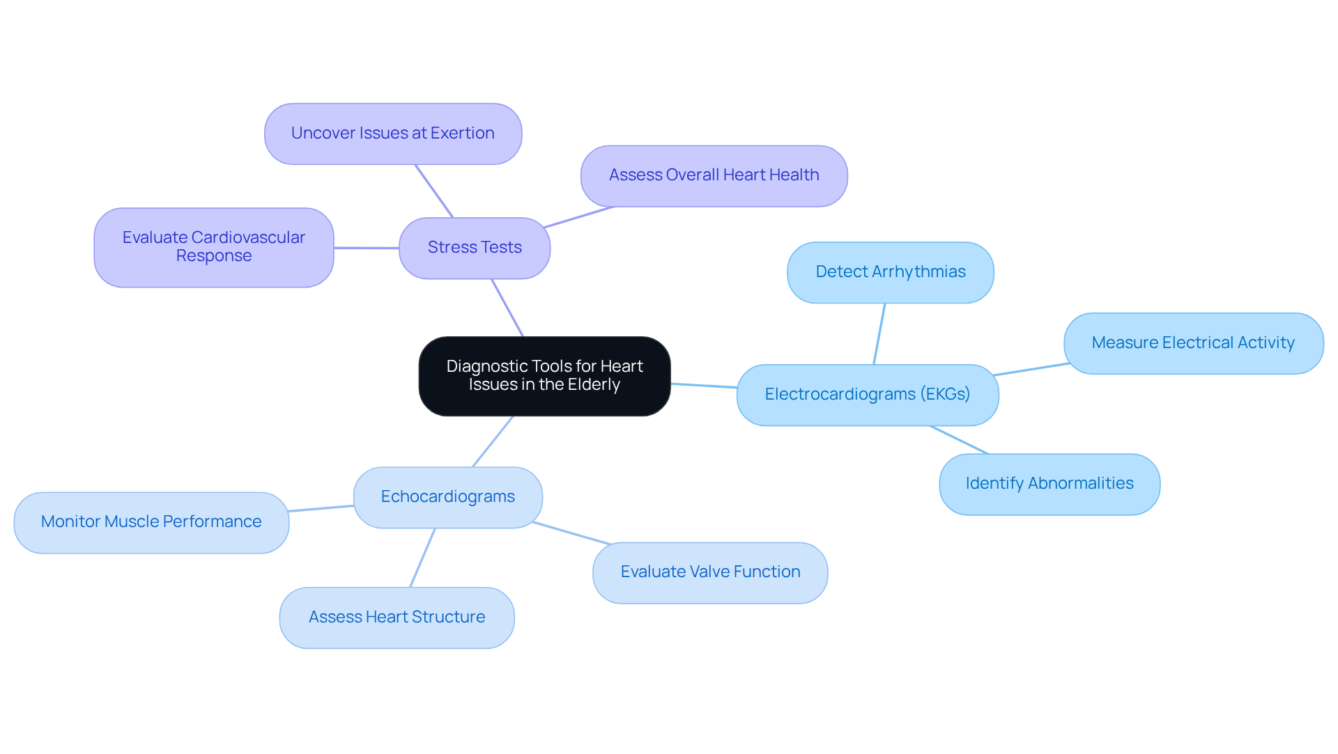 This mindmap shows the key diagnostic tools for heart issues in elderly patients. Each branch represents a tool, and the sub-branches explain what each tool does and why it's important. Follow the branches to see how these tools help in managing heart health.