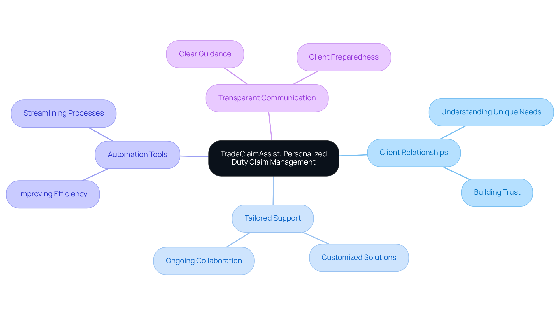 Start at the center with TradeClaimAssist's main focus, then explore each branch to see how different strategies enhance the claims process and client experience.