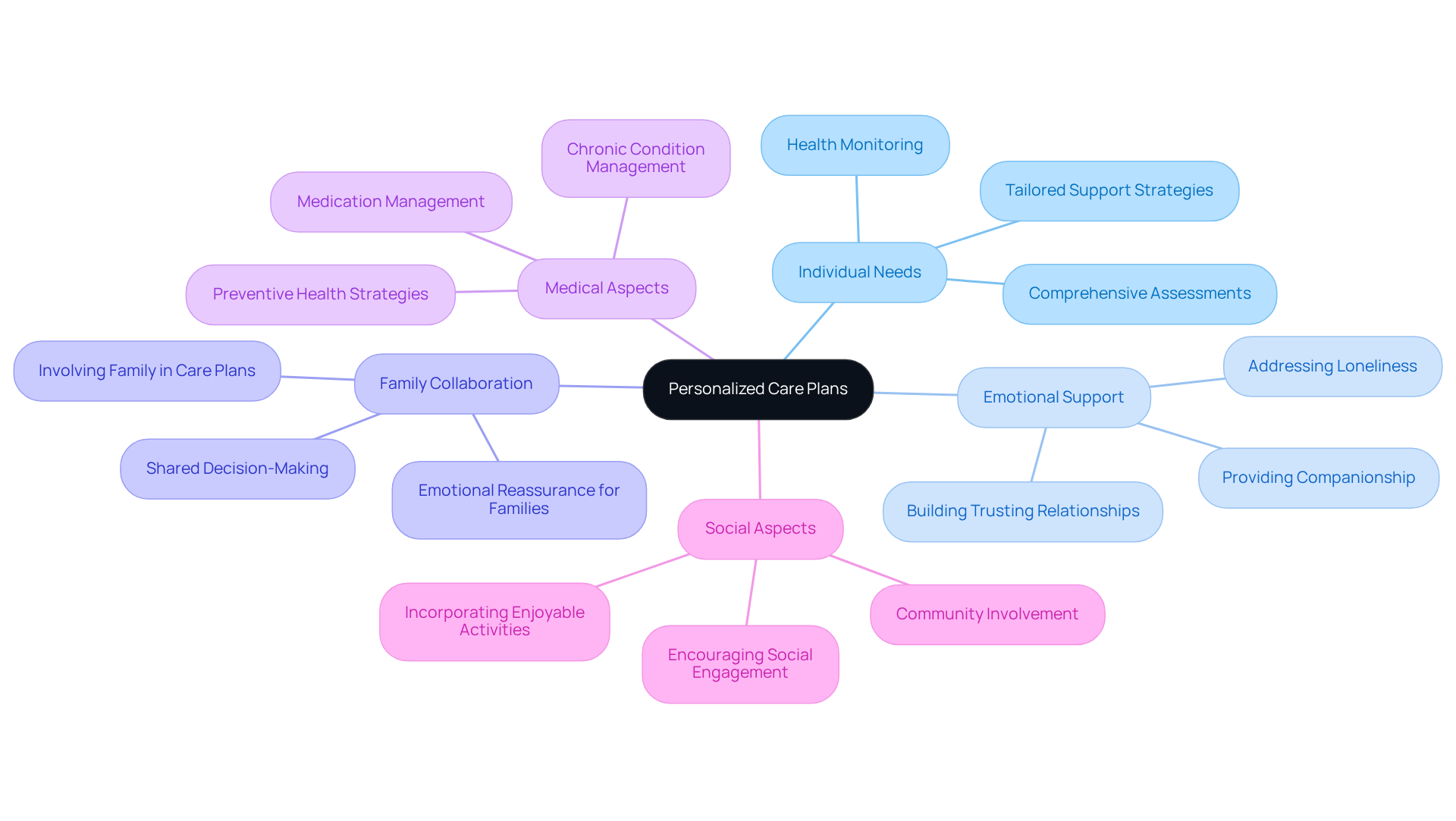 This mindmap shows how different elements contribute to creating a personalized care plan. Each branch highlights a key area of focus that supports older adults in living fulfilling lives.