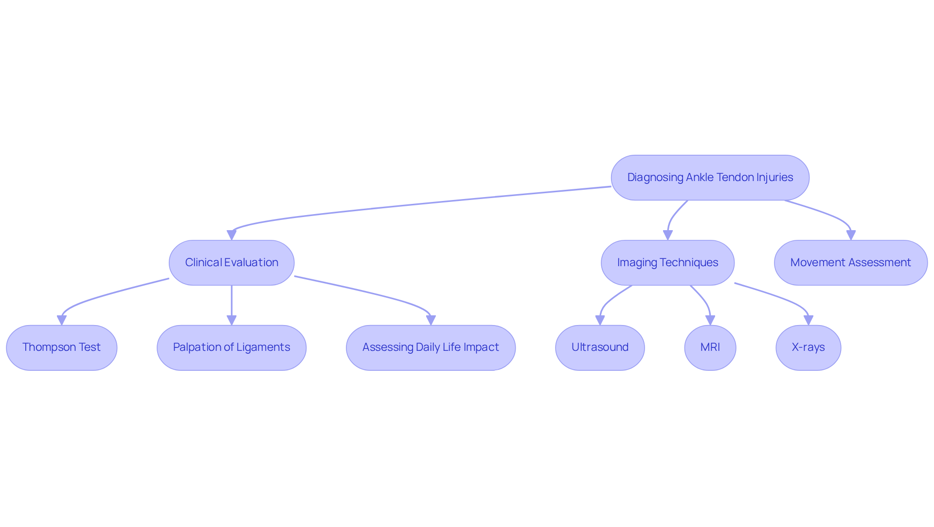 This flowchart outlines the steps involved in diagnosing ankle tendon injuries. Start at the top with the main diagnosis process, then follow the arrows to see how clinical evaluations, imaging techniques, and movement assessments contribute to understanding the injury. This flowchart outlines the steps involved in diagnosing ankle tendon injuries. Start at the top with the main diagnosis process, then follow the arrows to see how clinical evaluations, imaging techniques, and movement assessments contribute to understanding the injury.