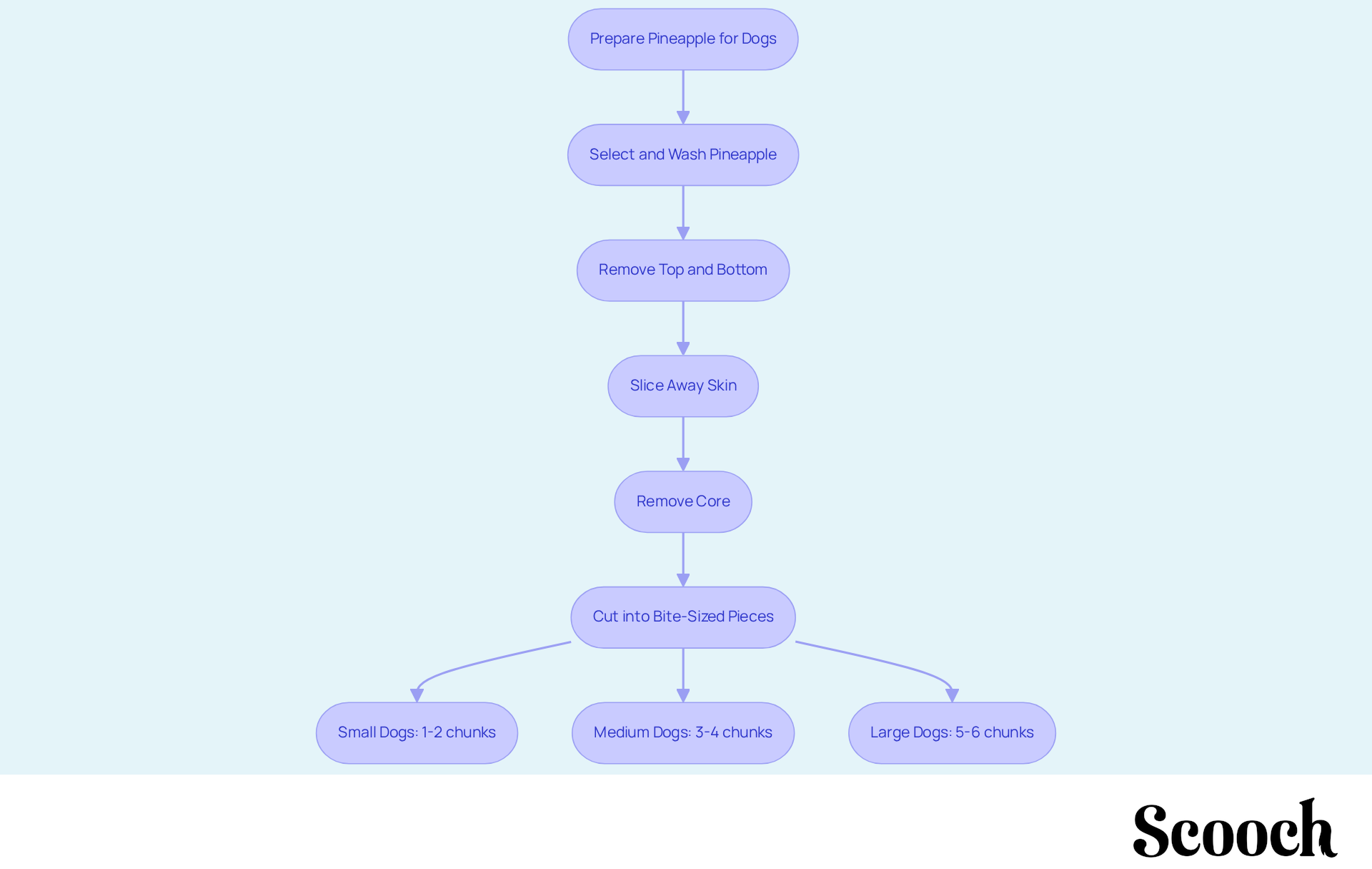 Follow the arrows from step to step to safely prepare pineapple for your dog. Each box represents a task, and the notes on portion control help you know how much to give your furry friend based on their size.