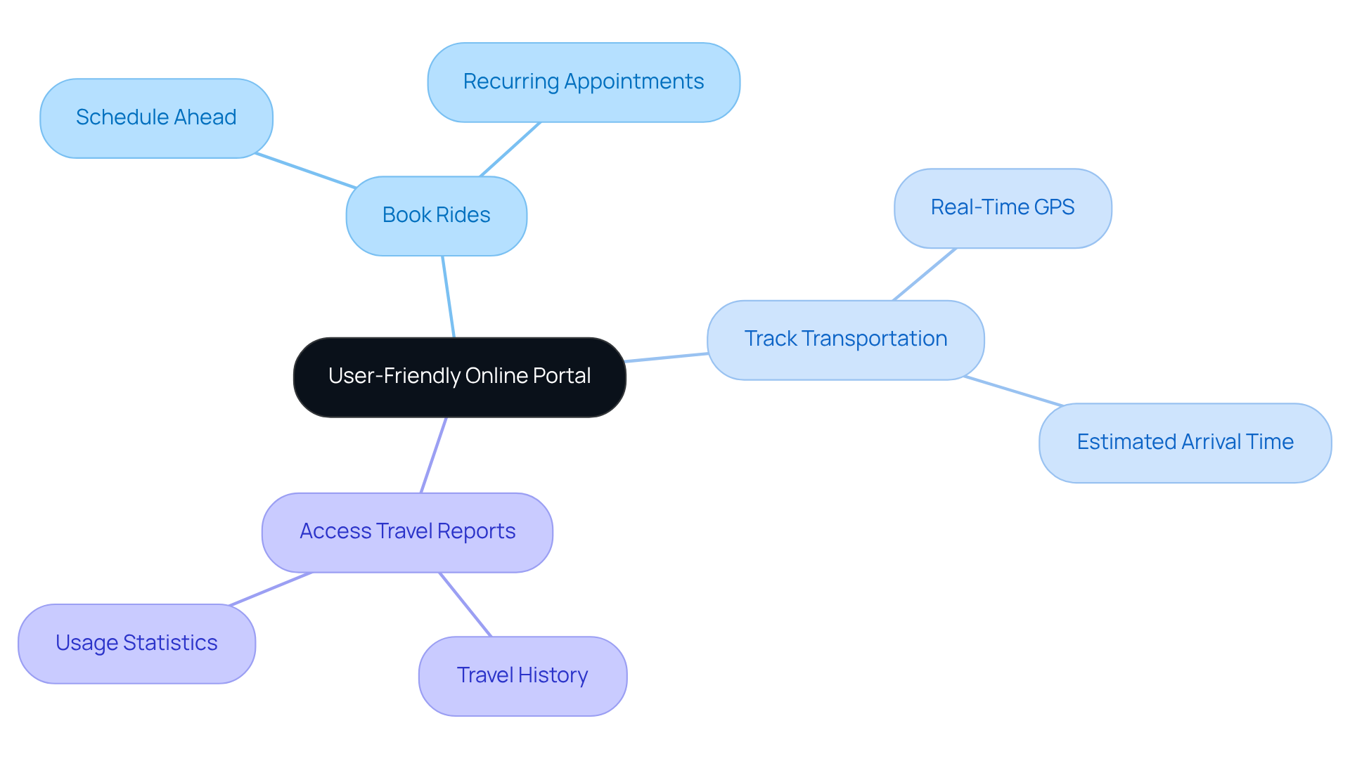 This mindmap shows the main features of the online portal. Start at the center with the portal itself, then follow the branches to see what you can do: book rides, track your transportation, and access reports. Each feature has its own benefits, making it easier for you to manage your rides.